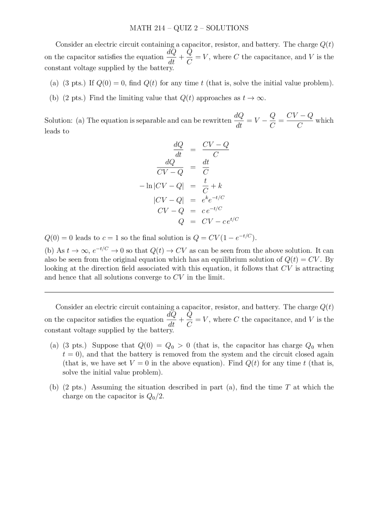 Solutions Of 3 Problems On Elementary Differential Equations Quiz 2