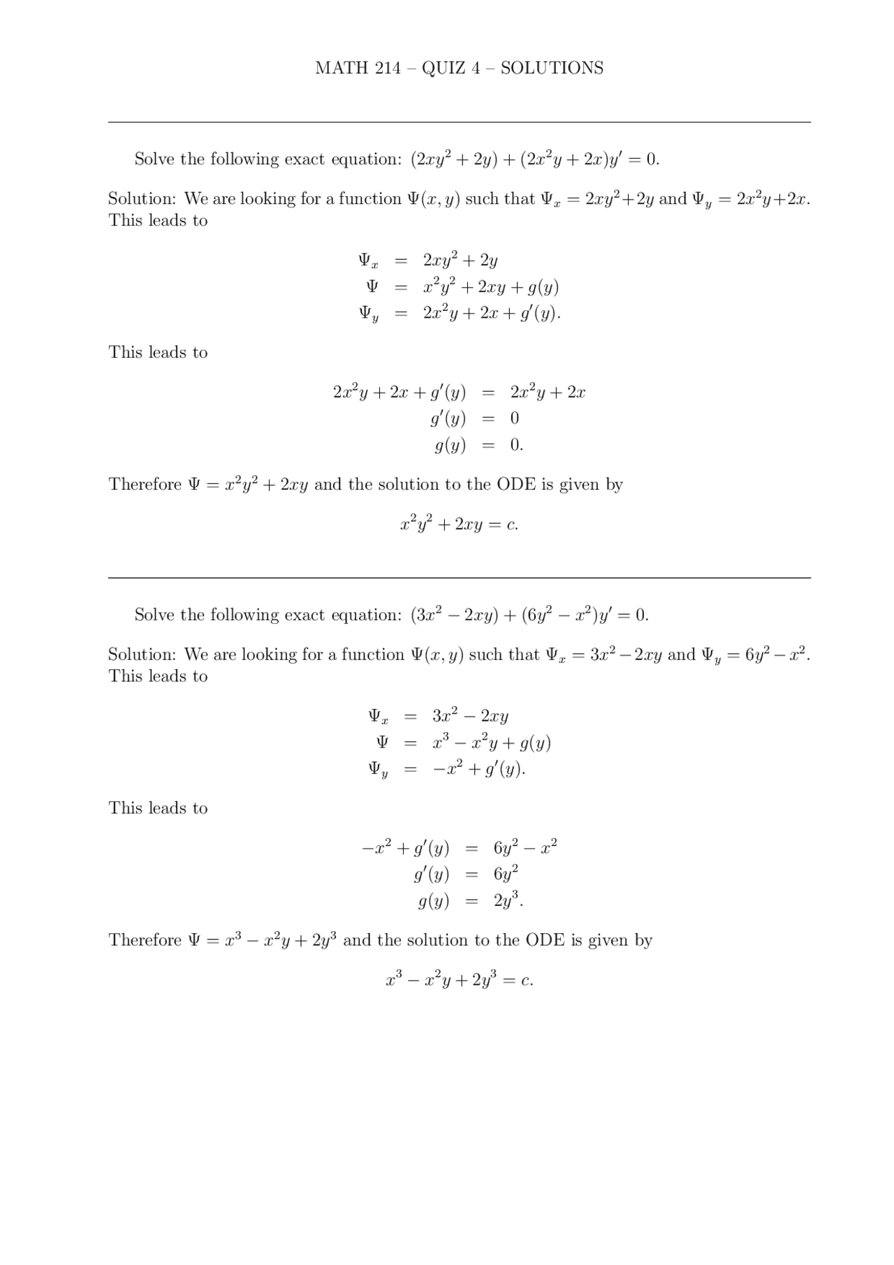 Quiz 4 Solutions Elementary Differential Equations Math 214 Docsity