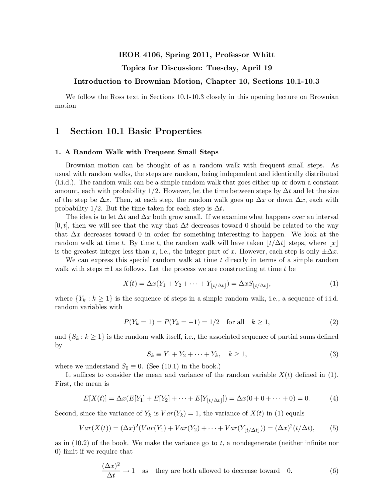 Introduction To Brownian Motion Lecture Notes Mathematics Docsity