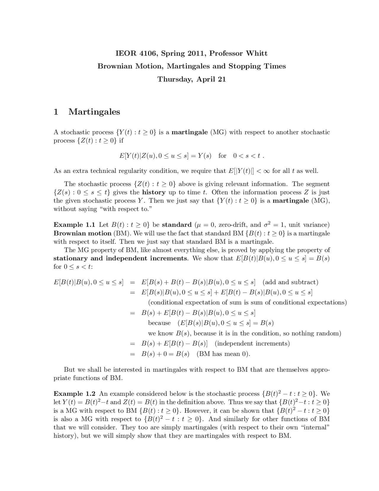Brownian Motion And Martingales Lecture Notes Mathematics Docsity