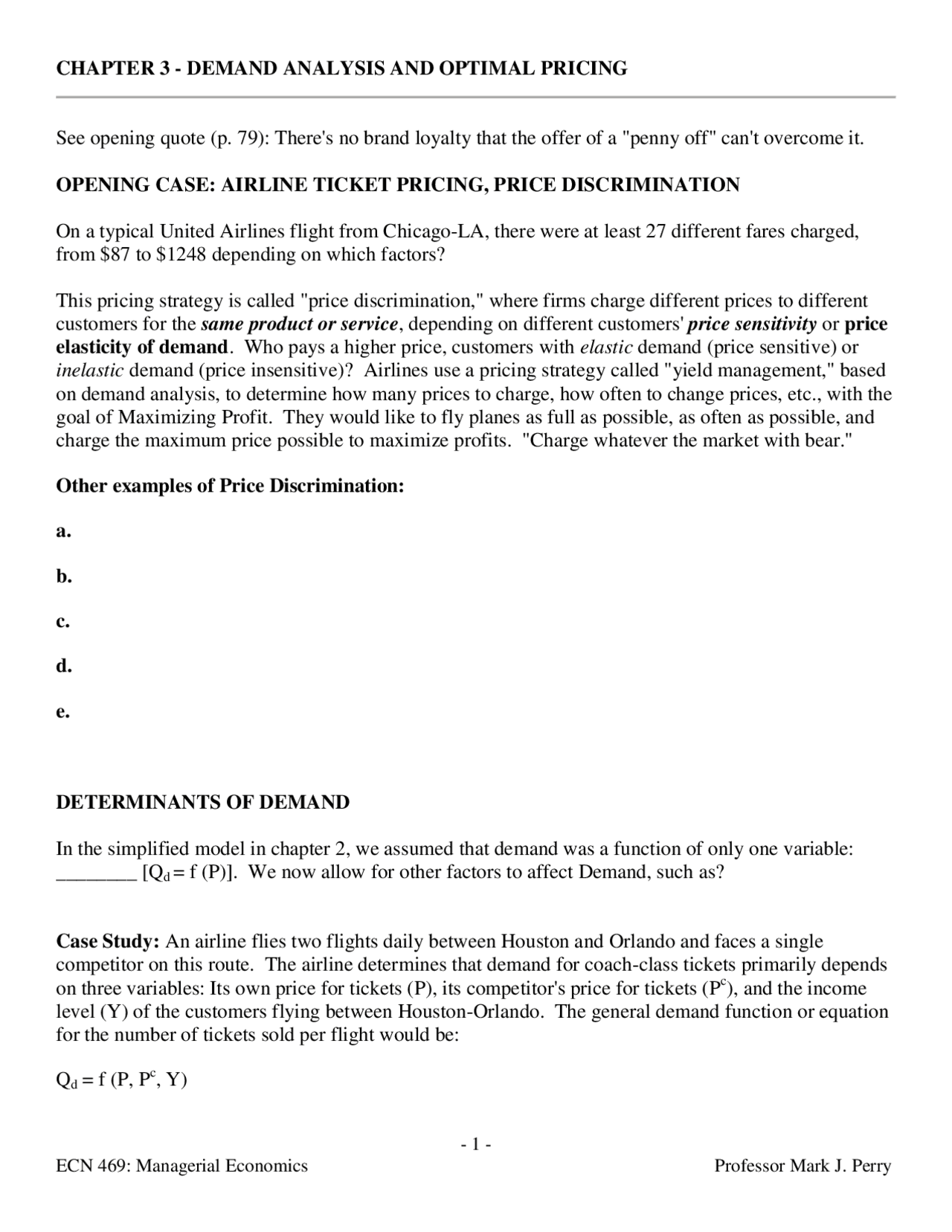 Demand Analysis And Optimal Pricing Lecture Notes Managerial