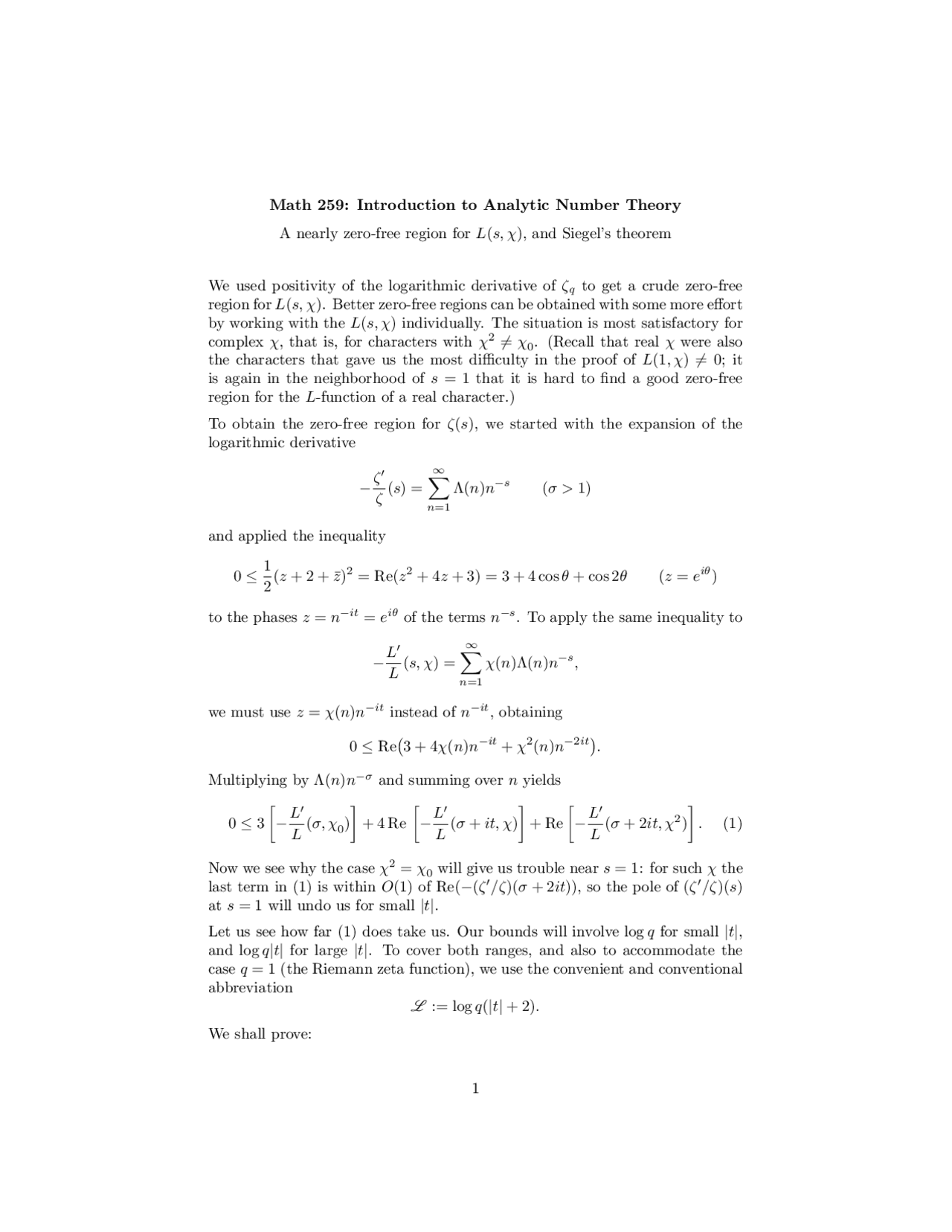 Zero Free Region And Siegels Theorem Lecture Notes Mathematics Docsity