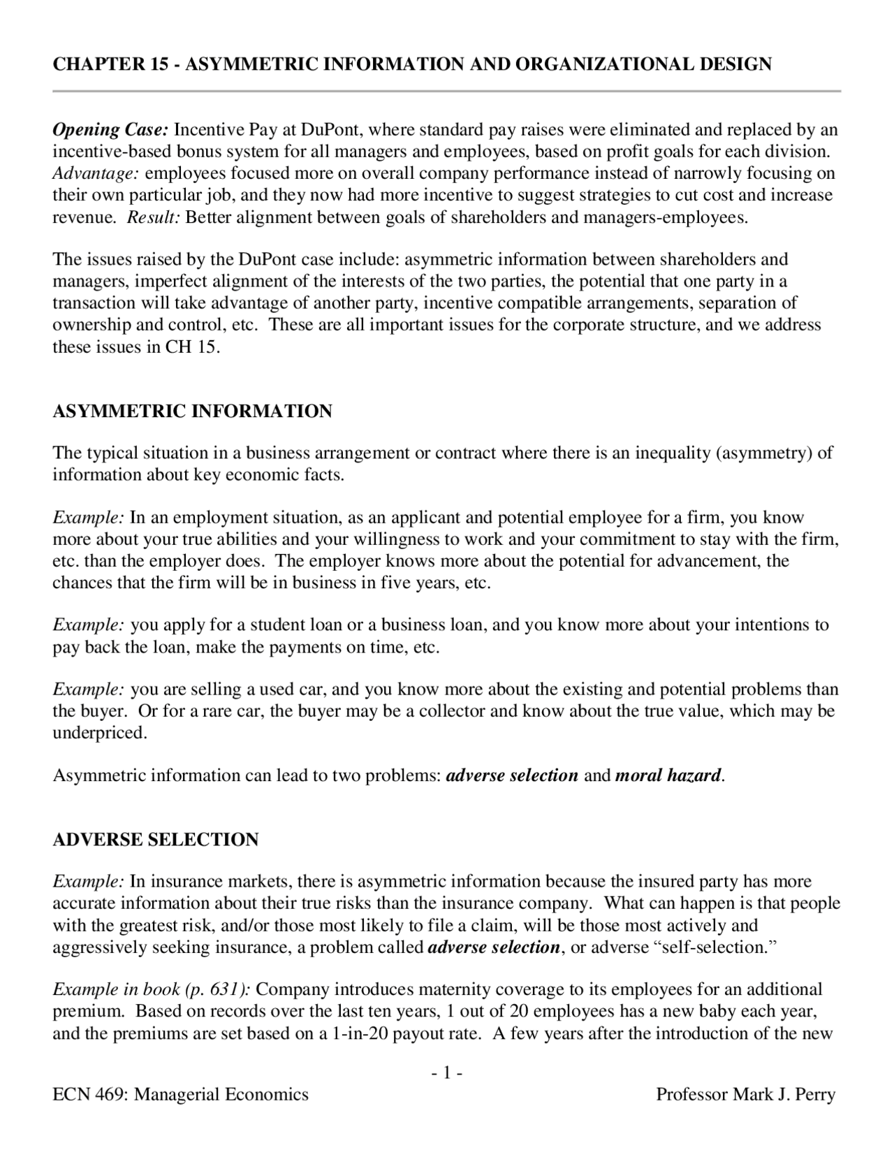 Asymmetric Information And Organizational Design Lecture Notes