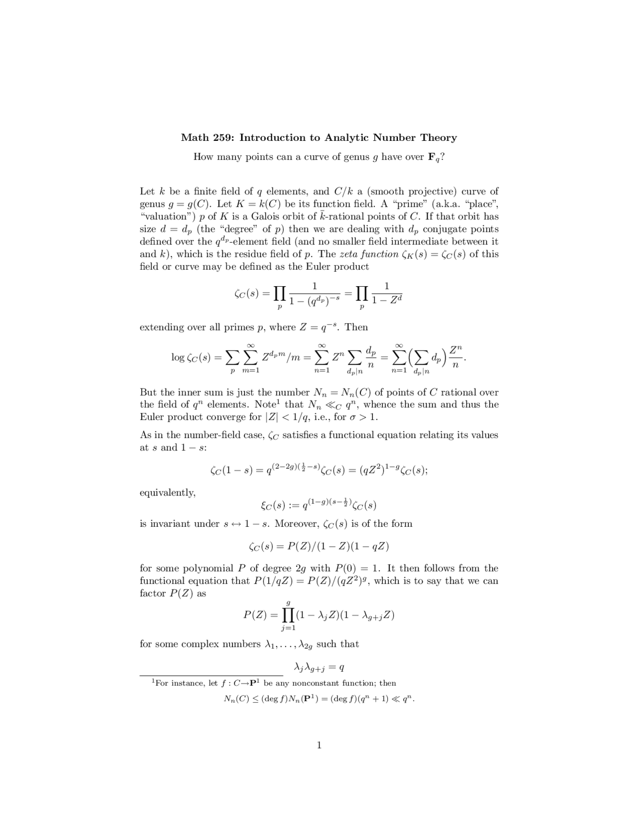 Curve Of Genus Lecture Notes Mathematics Docsity