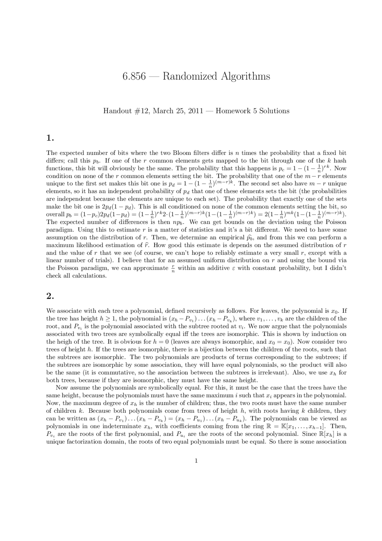 Randomized Algorithms Exercises Solution Discrete Mathematics 5 Docsity