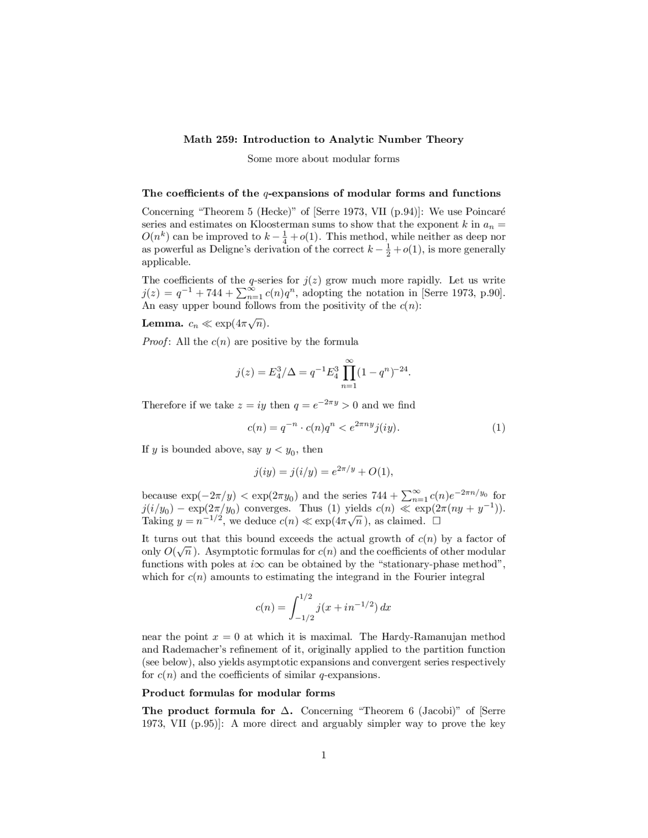 Modular Forms Lecture Notes Mathematics Docsity