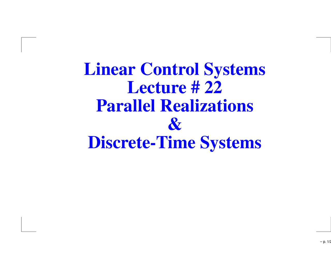 Parallel Realizations And Discrete Time Systems Lecture Notes Linear System And Control Docsity