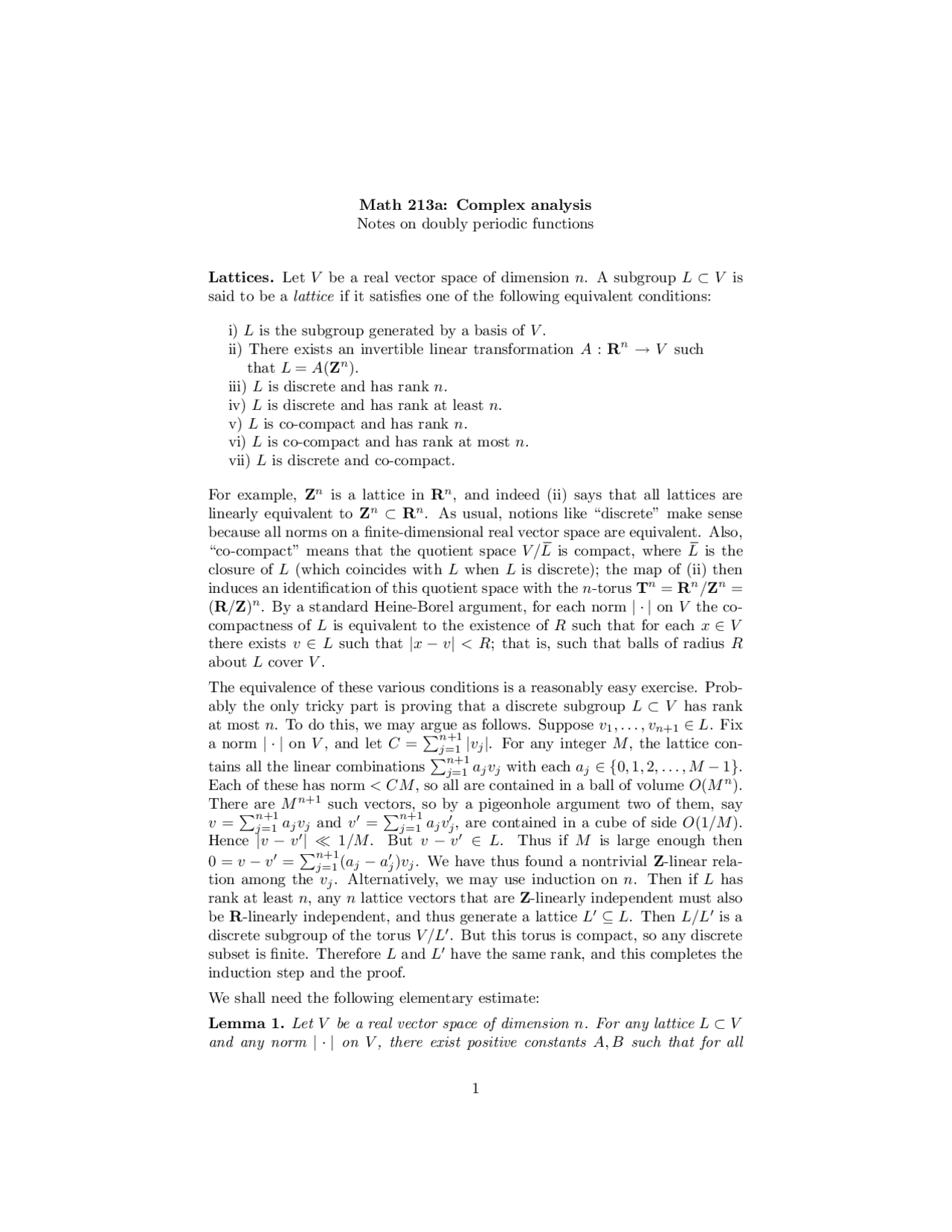 Doubly Periodic Functions Lecture Notes Mathematics Docsity
