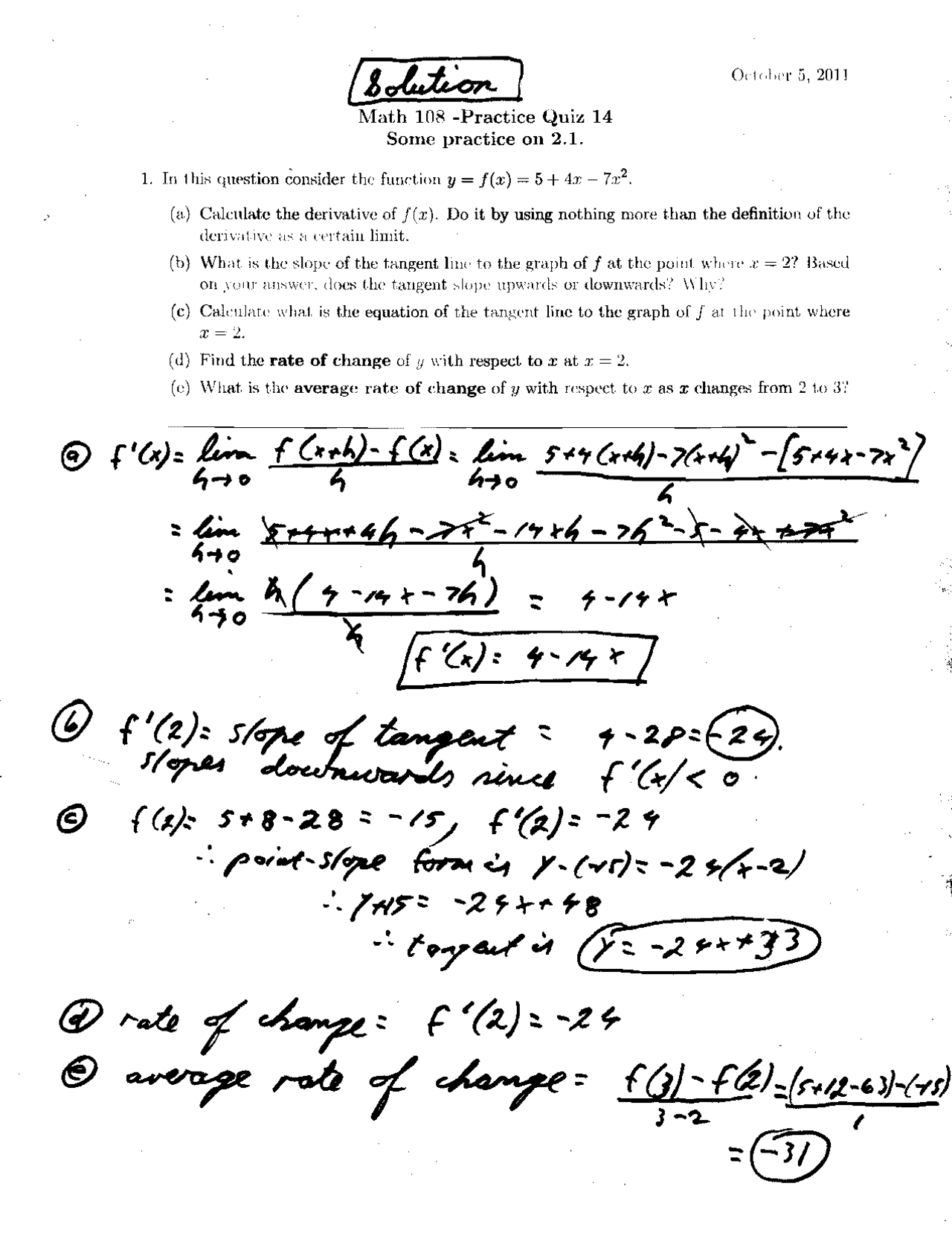 What is Slope of the Tangent Line - Practice Quiz 14 with Solutions ...