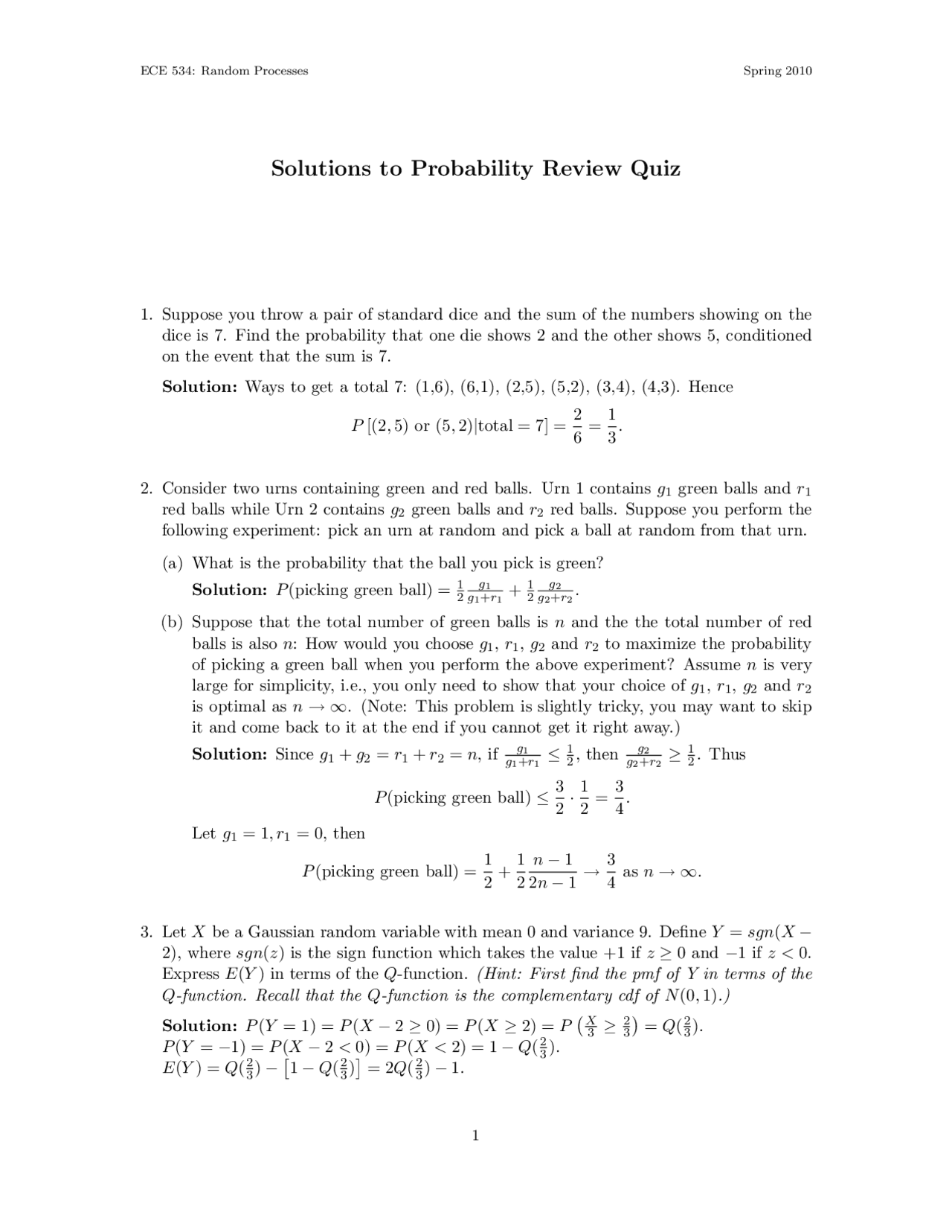 5 Solved Problems In Random Processes Quiz 1 Ece 534 Docsity