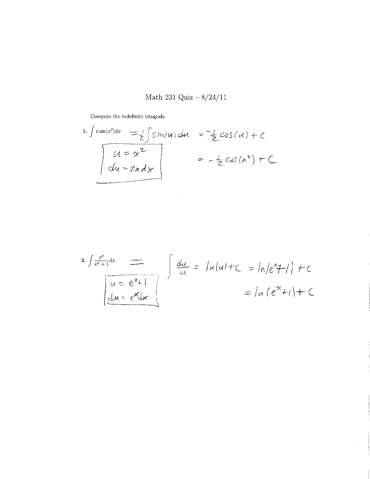 Find Indefinite Integrals Quiz 2 Calculus Ii Math 231 Docsity