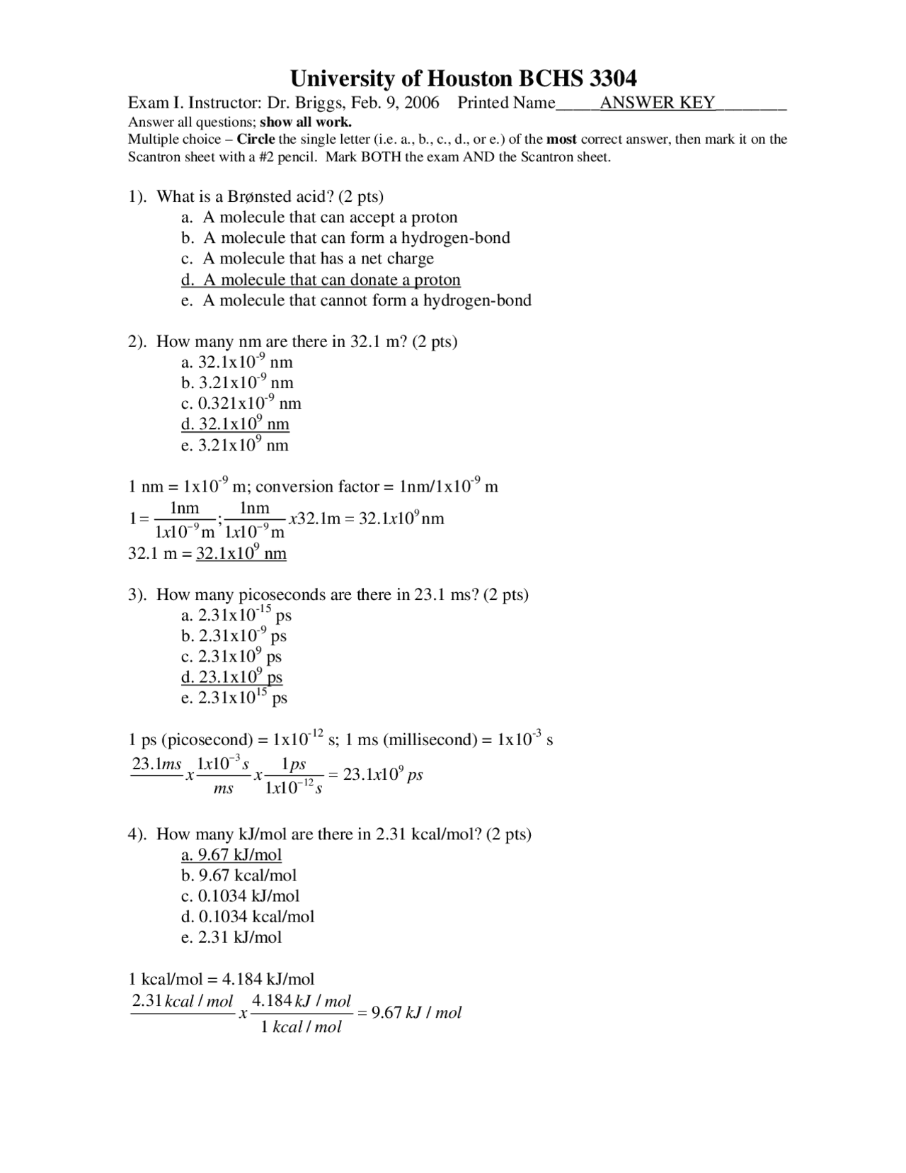Exam I Answer Key General Biochemistry I Bchs 3304 Docsity