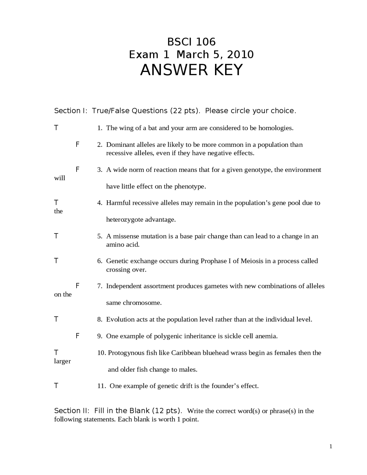 Questions On Principles Of Biology Ii With Solution Exam 1 Bsci 106