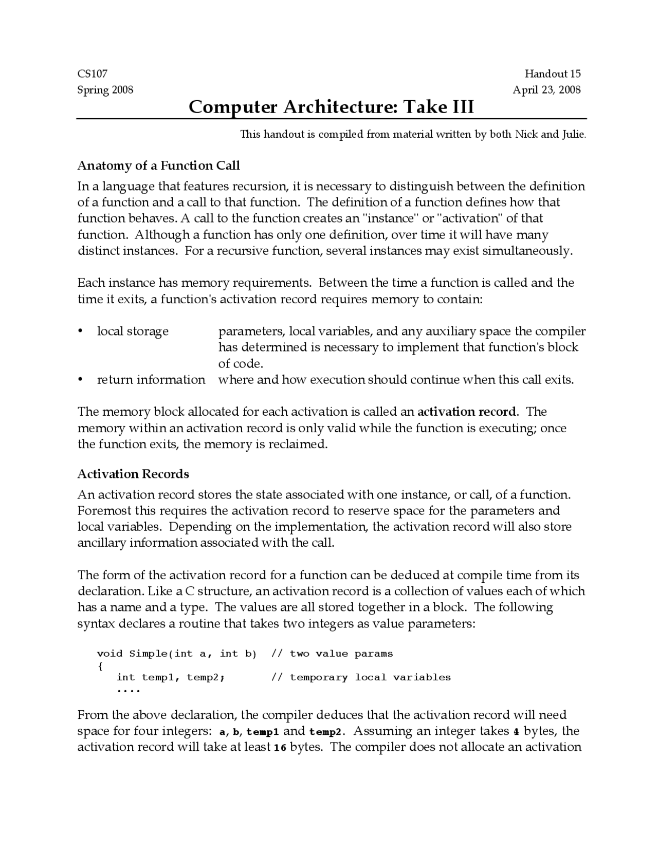 Computer Architecture Take Iii Funtion Call And Return Docsity