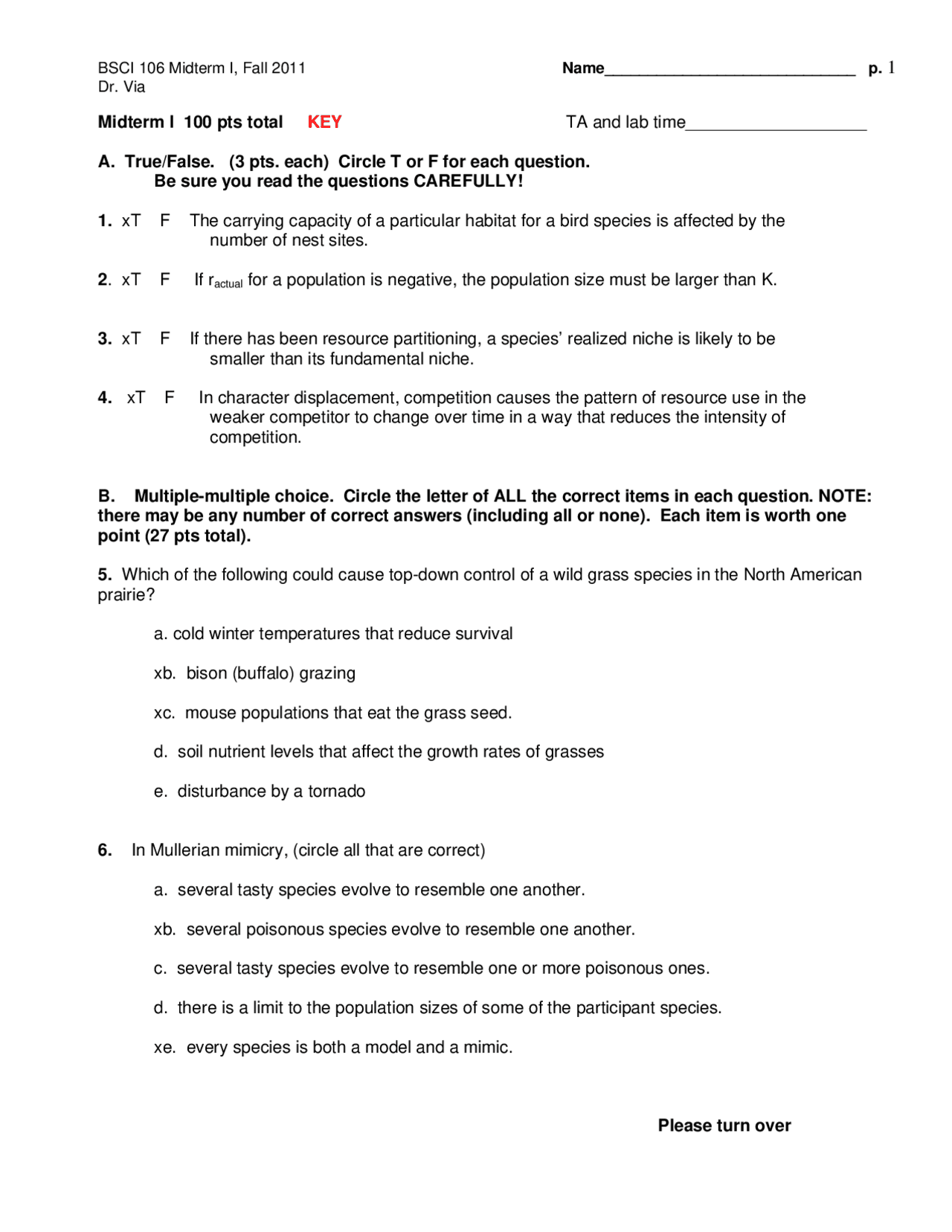 Solution Key For Midterm Exam 1 Principles Of Biology Ii Bsci 106