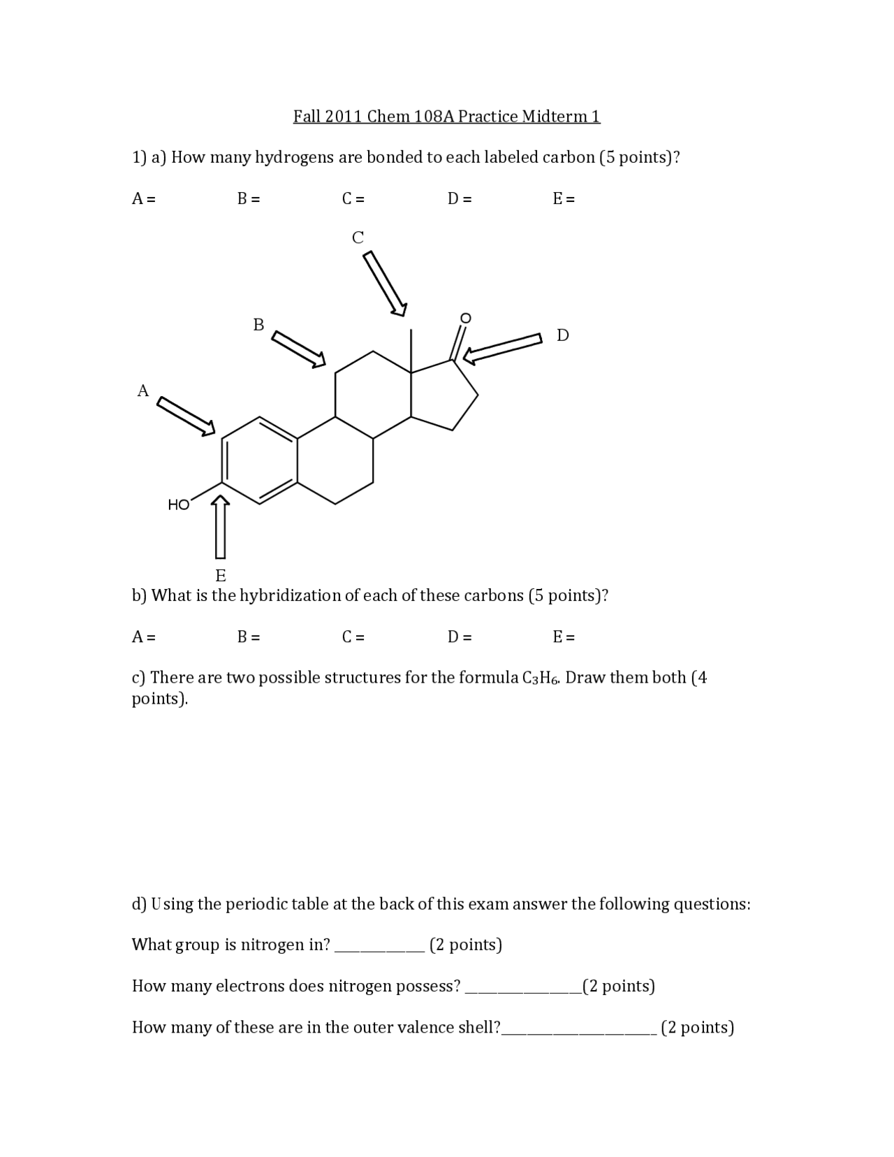 Practice Midterm Exam With Periodic Table Notes Chem 108a Docsity