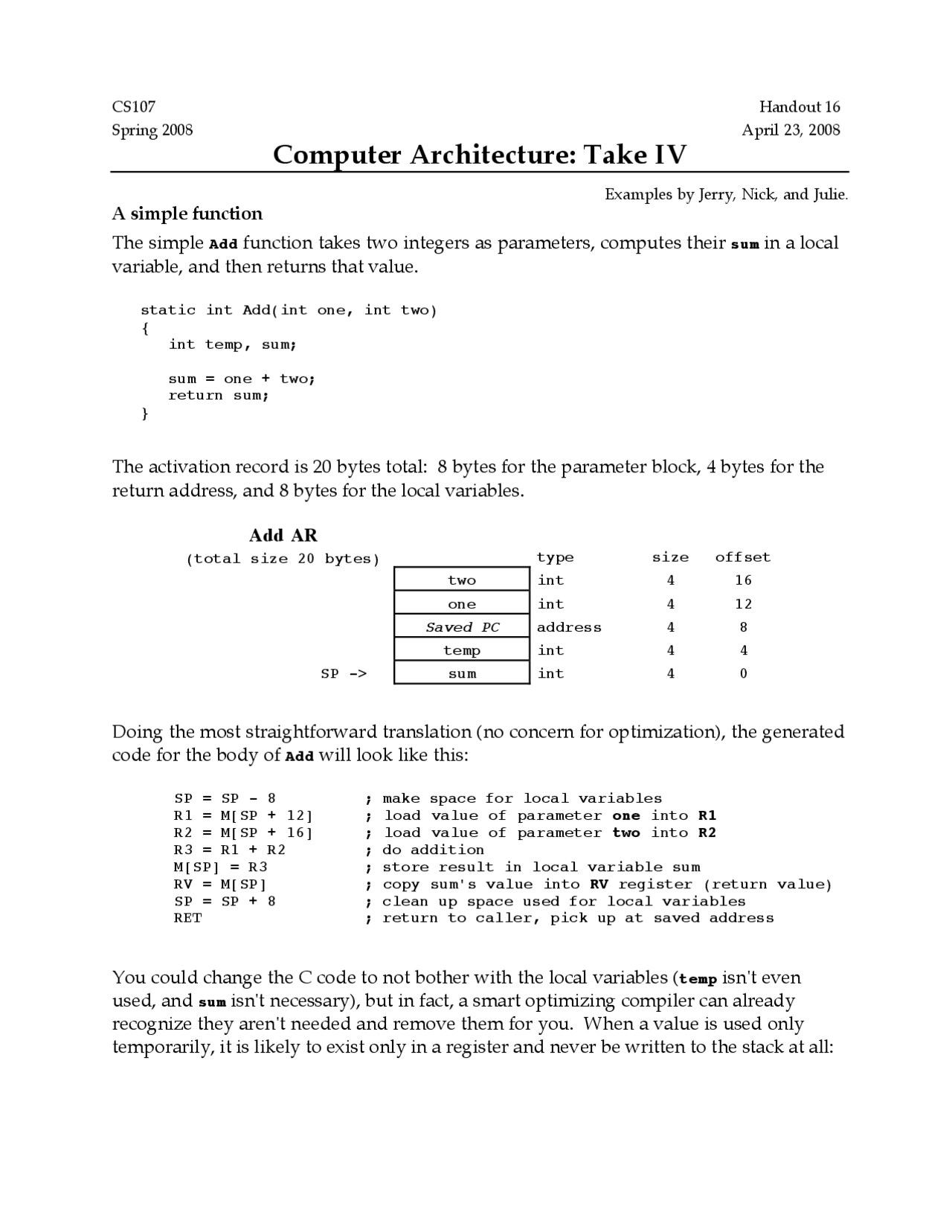Computer Architecture Take Iv Code Generation Examples Docsity