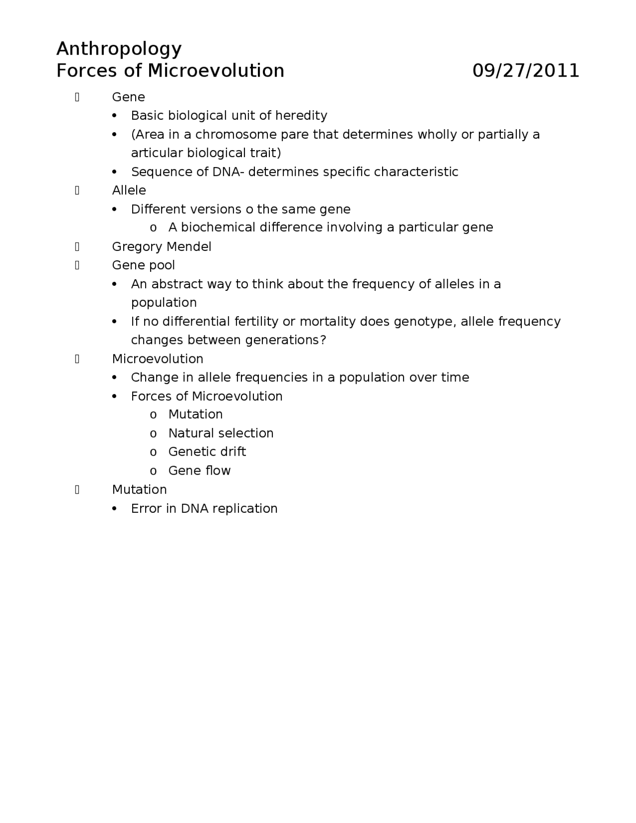 Anthropology Forces of Microevolution - Notes | ANTH 1102 - Docsity