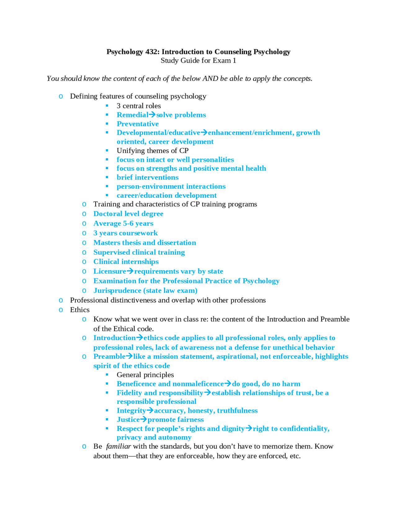 Study Guide for Exam 1 - Counseling Psychology | PSYC 432 | Study notes ...