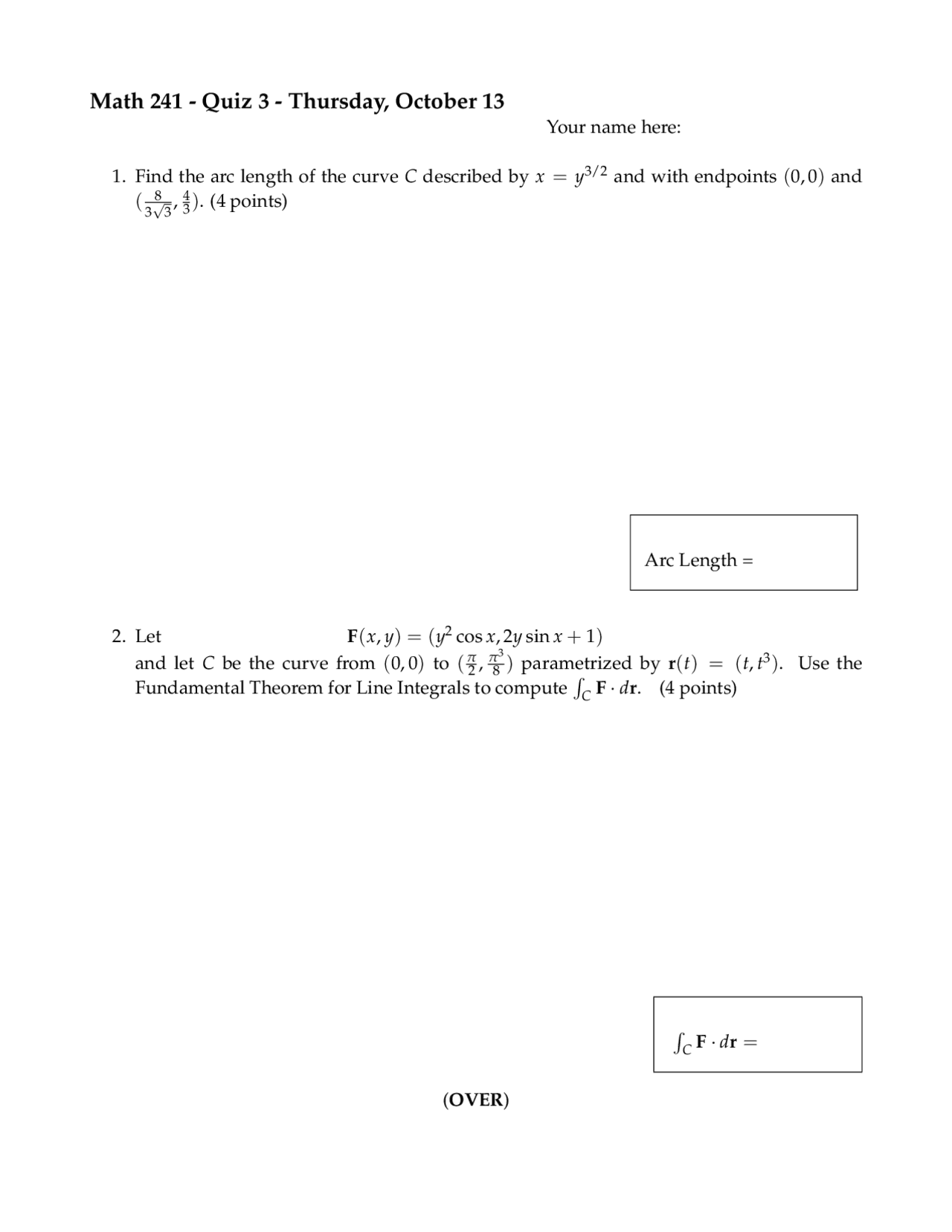 Find The Length Of Curve Calculus Iii Quiz Math 241 Docsity