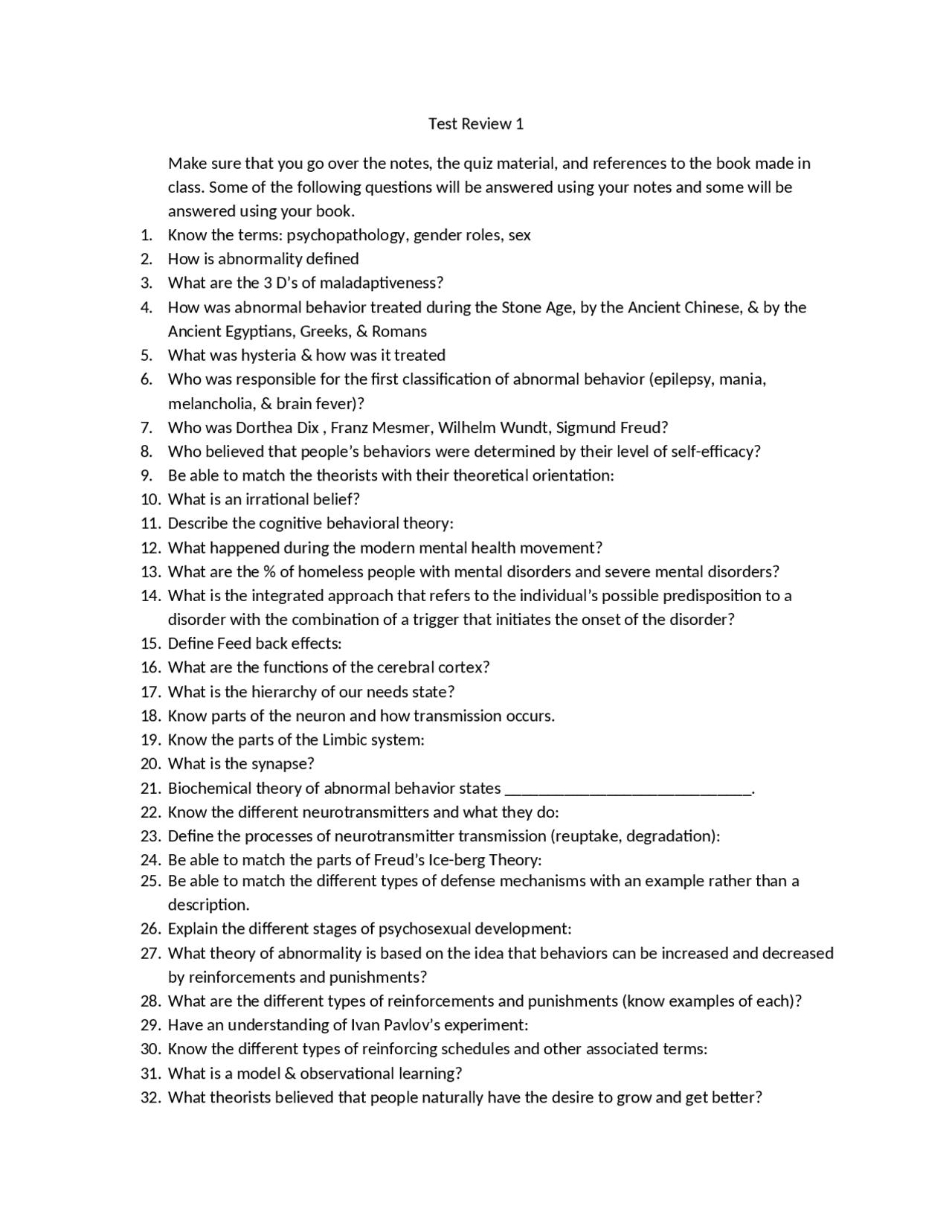 Test 1 Review Sheet Abnormal Psychology Psy 3213 Docsity