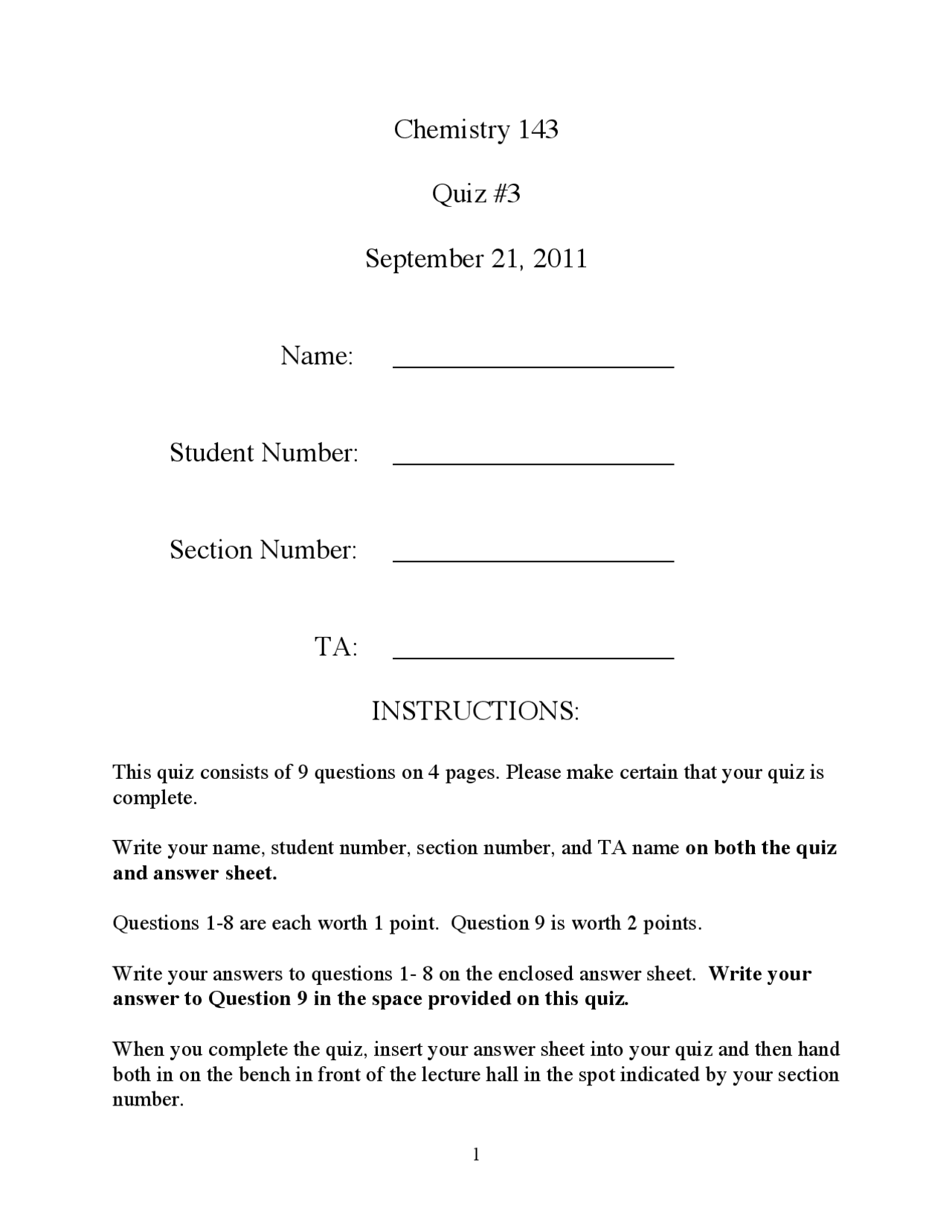 9 Problems On The Molecular Structure In Chemistry Quiz 2 Cem 143
