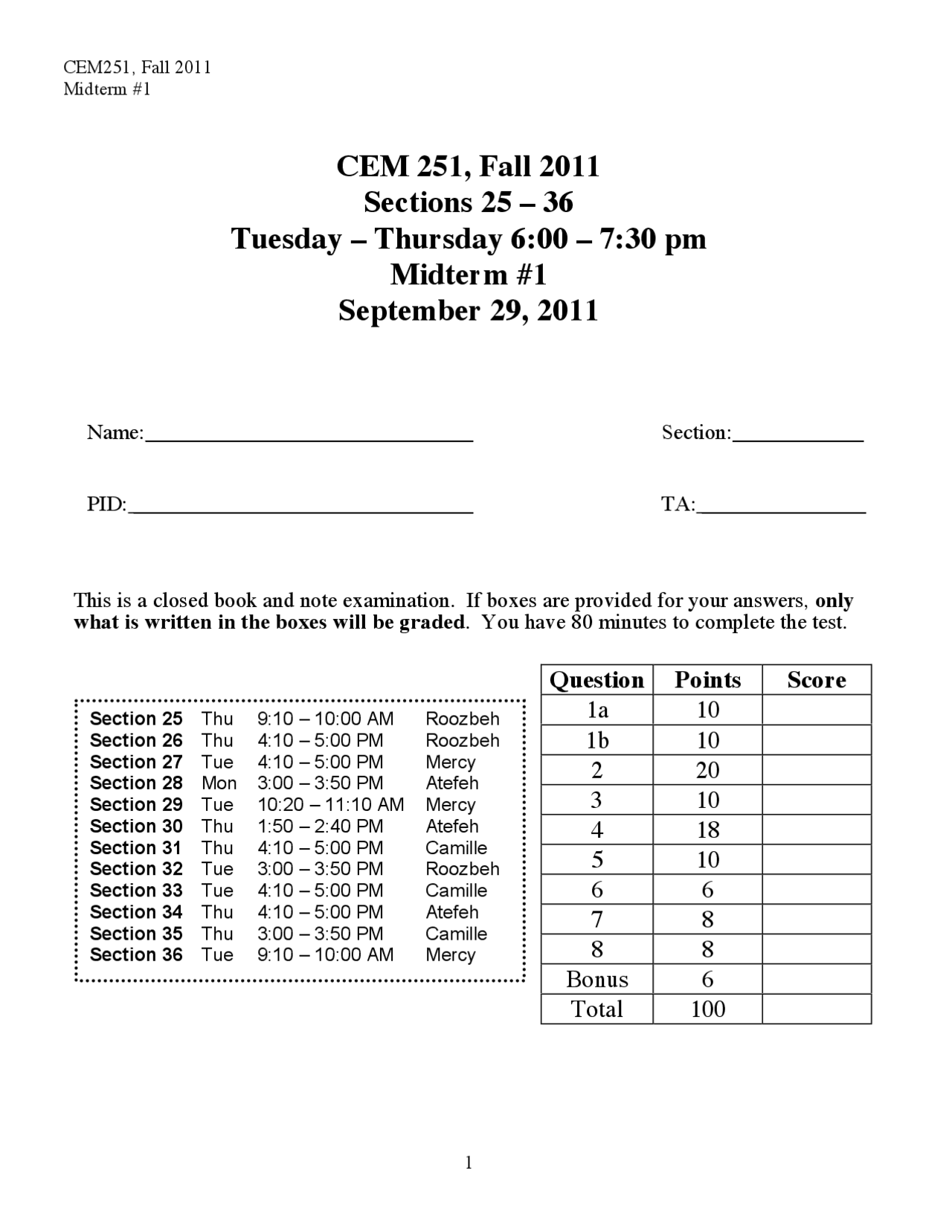 Midterm Exam 1 Solved Questions Organic Chemistry I Cem 251 Docsity