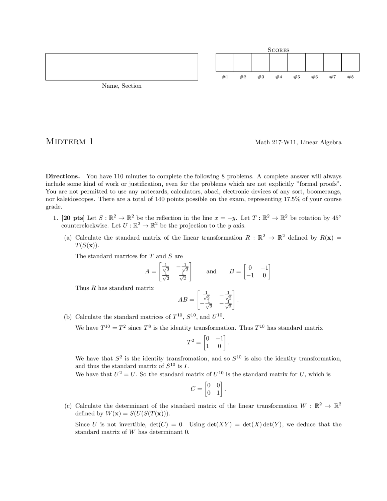 8 Problems On Linear Algebra Midterm Examination 1 Math 217 Docsity