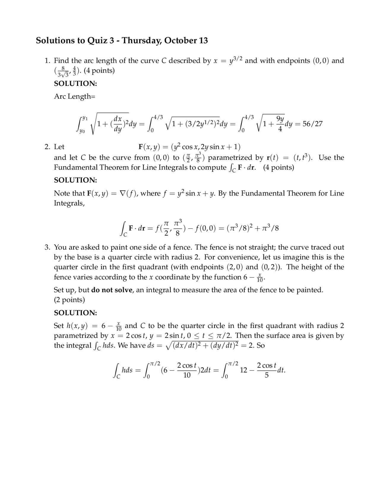 Calculus III - Solution to Quiz 3 | MATH 241 - Docsity