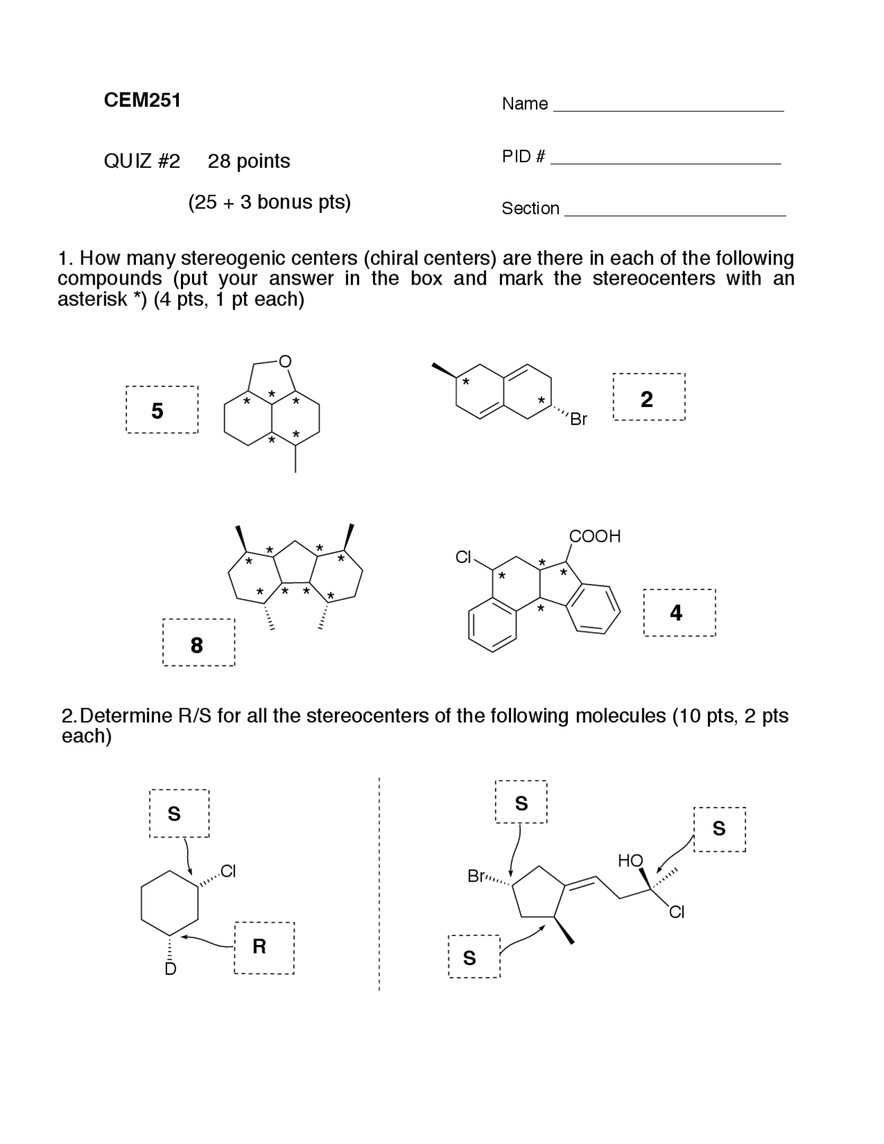 Quiz 2 With 5 Questions For Organic Chemistry I Cem 251 Docsity