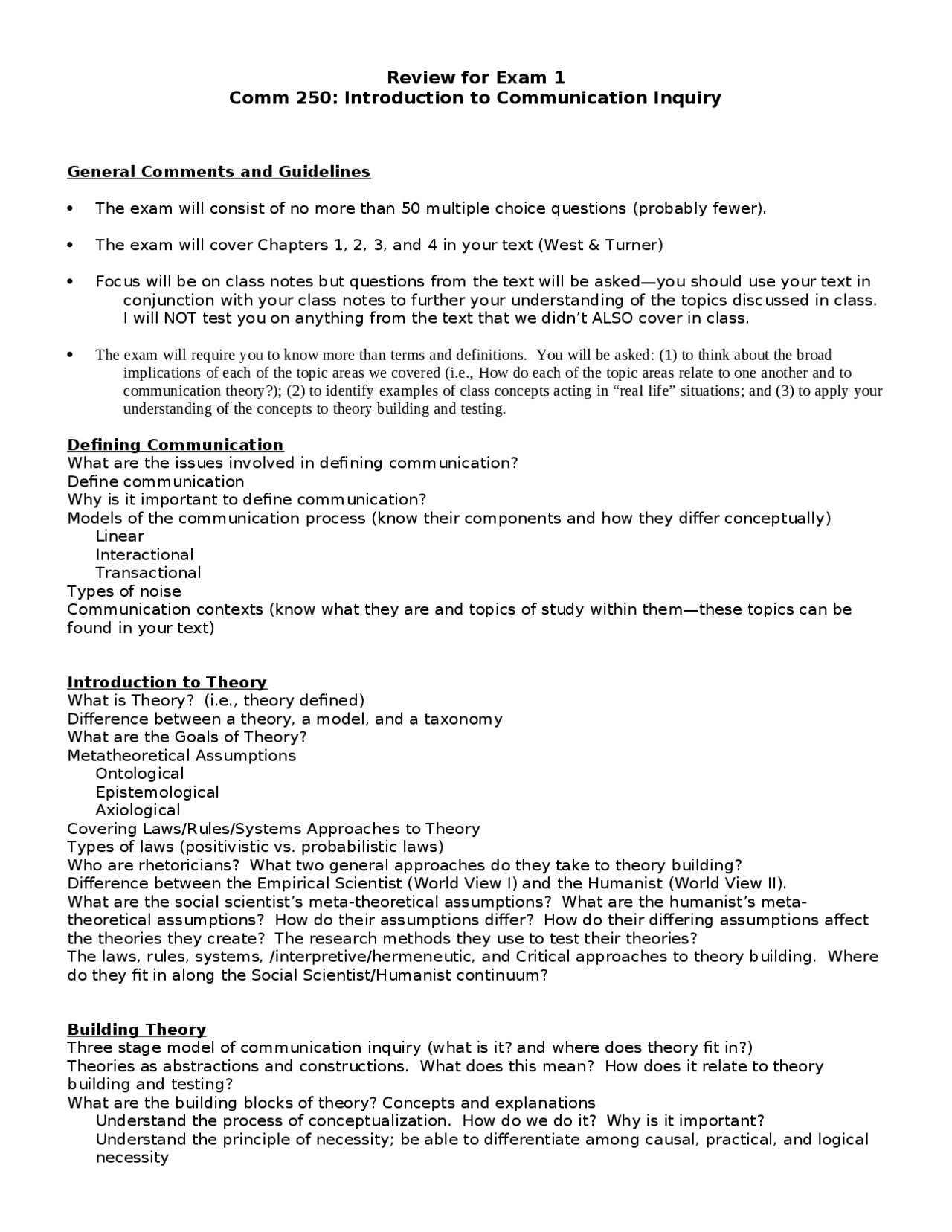 Introduction To Communication Inquiry Review Exam 1 Comm 250 Docsity