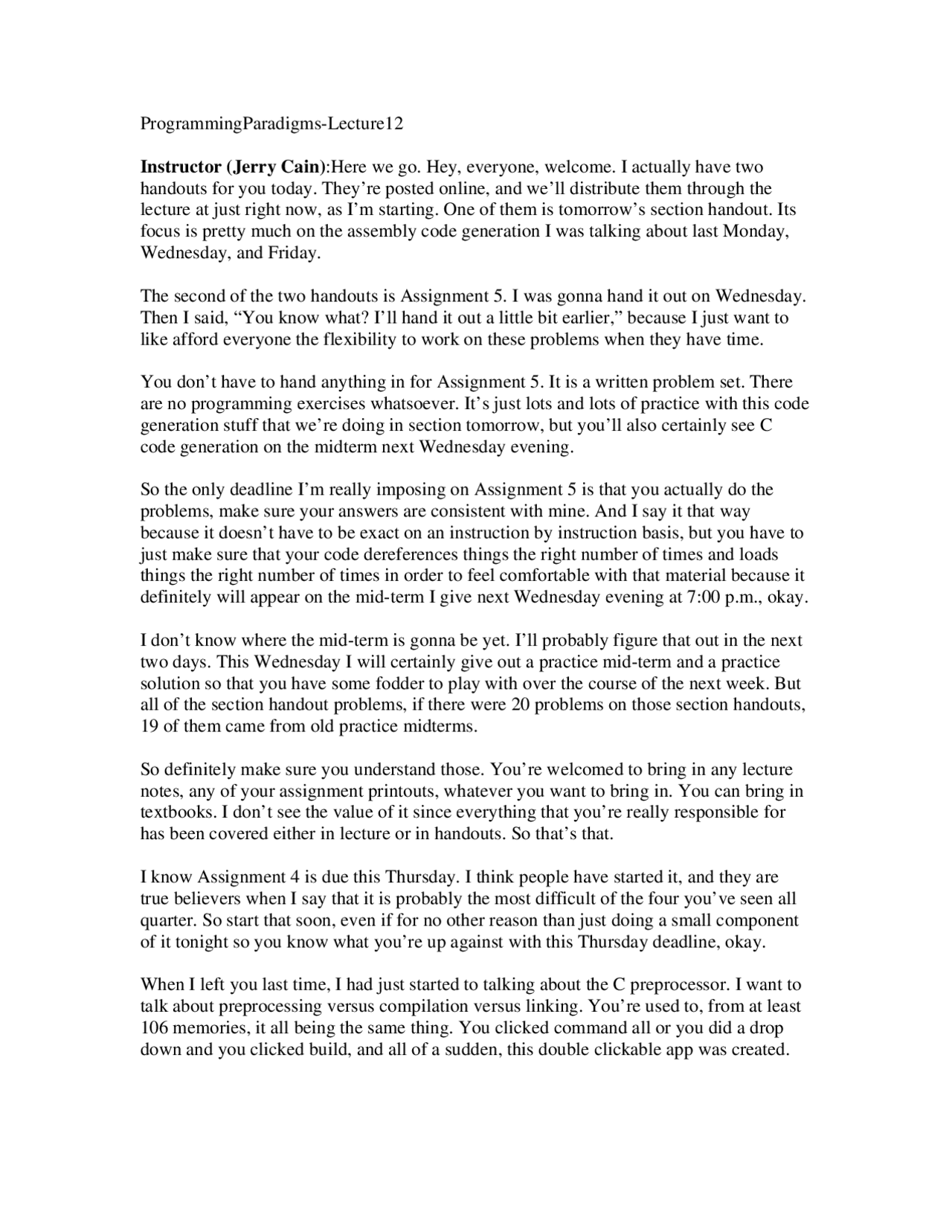 Lecture Transcriptions Programming Paradigms 2008 Lesson 12 Docsity
