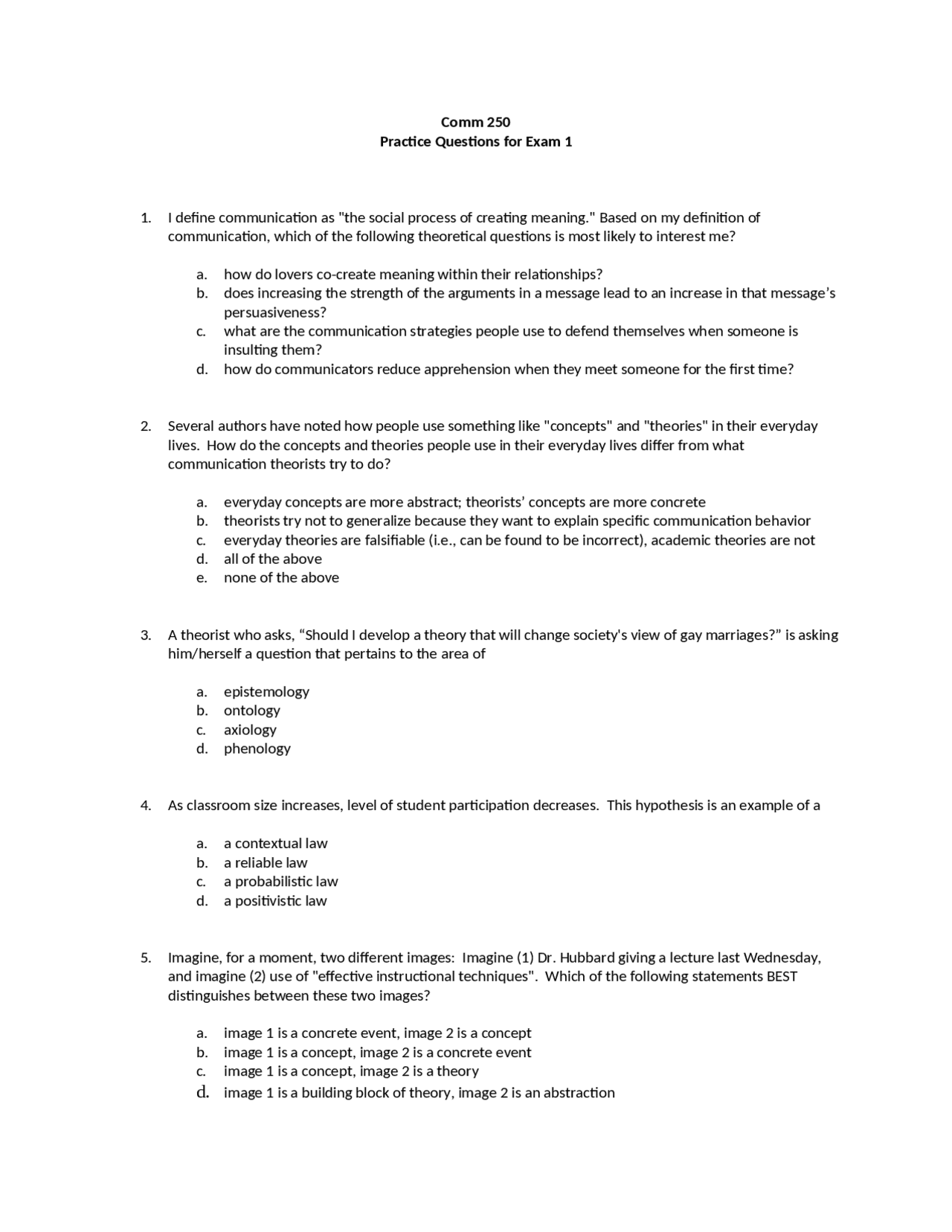Practice Questions Exam 1 Introduction To Communication Inquiry