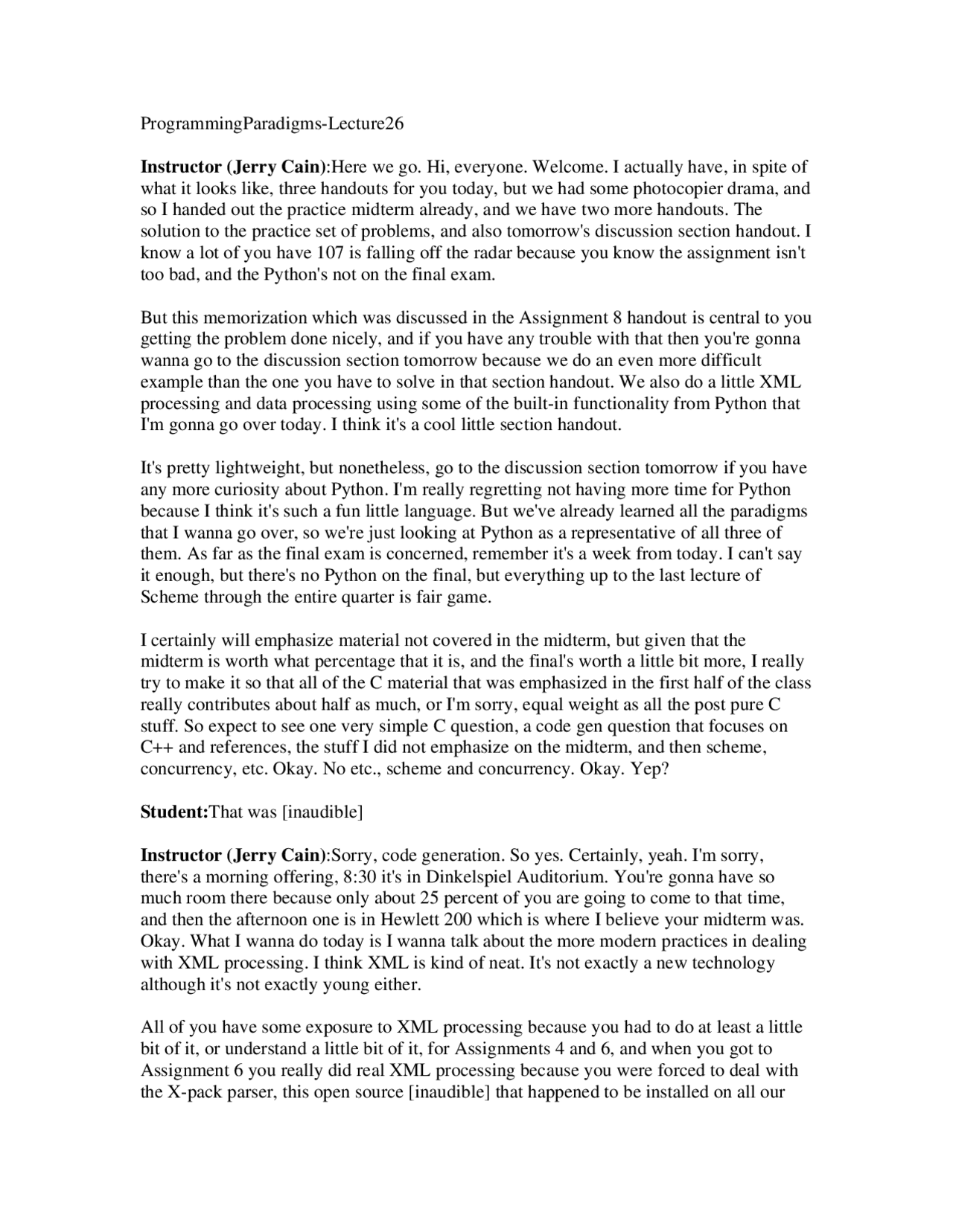 Lecture Transcriptions Programming Paradigms 2008 Lesson 26 Docsity