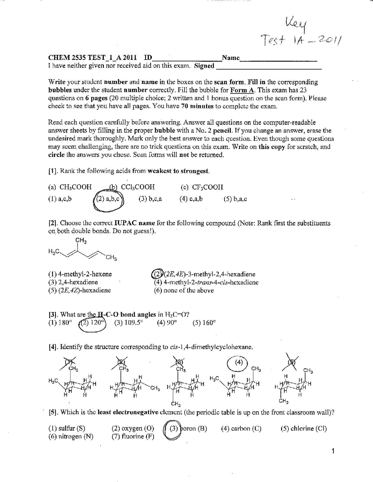 Test 1 Form A Solved Questions Organic Chemistry Chem 2535 Docsity