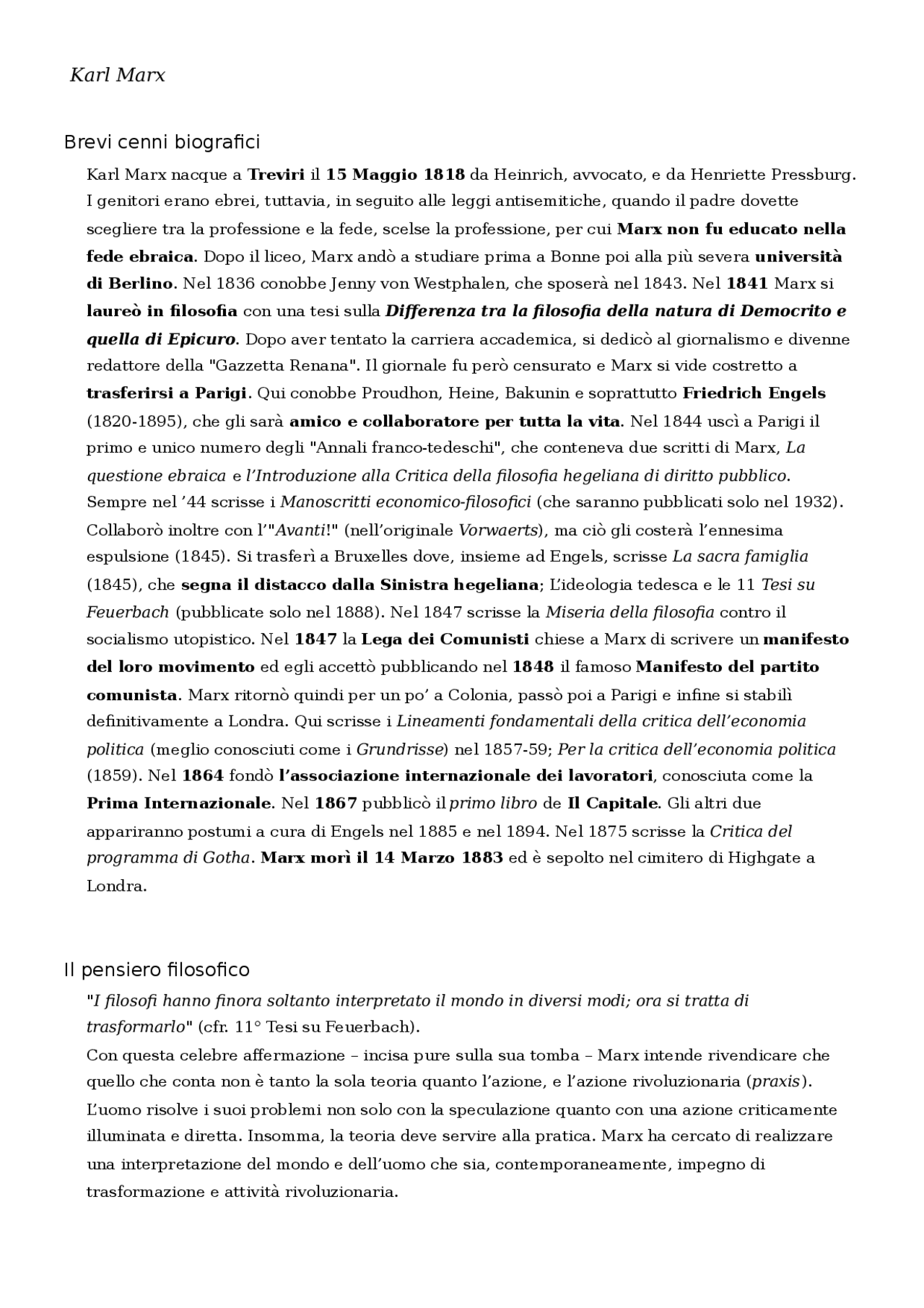 Marx Riassunto Docsity