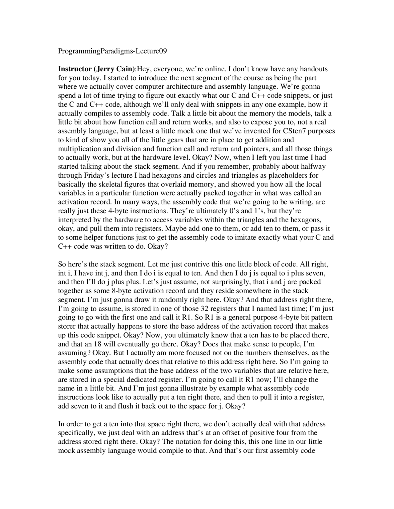 Lecture Transcriptions Programming Paradigms 2008 Lesson 9 Docsity