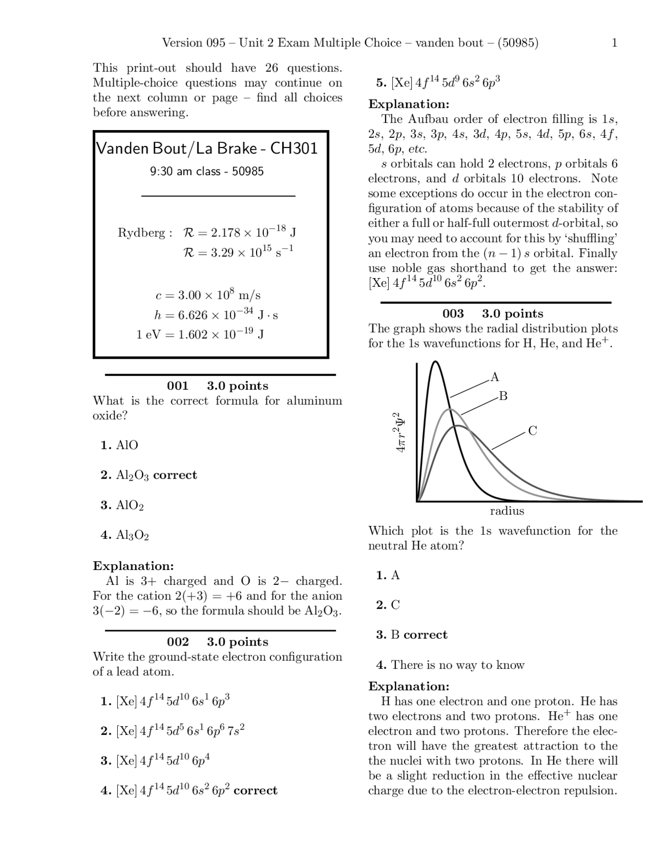 Solutions To Exam Principles Of Chemistry I Ch 301 Docsity