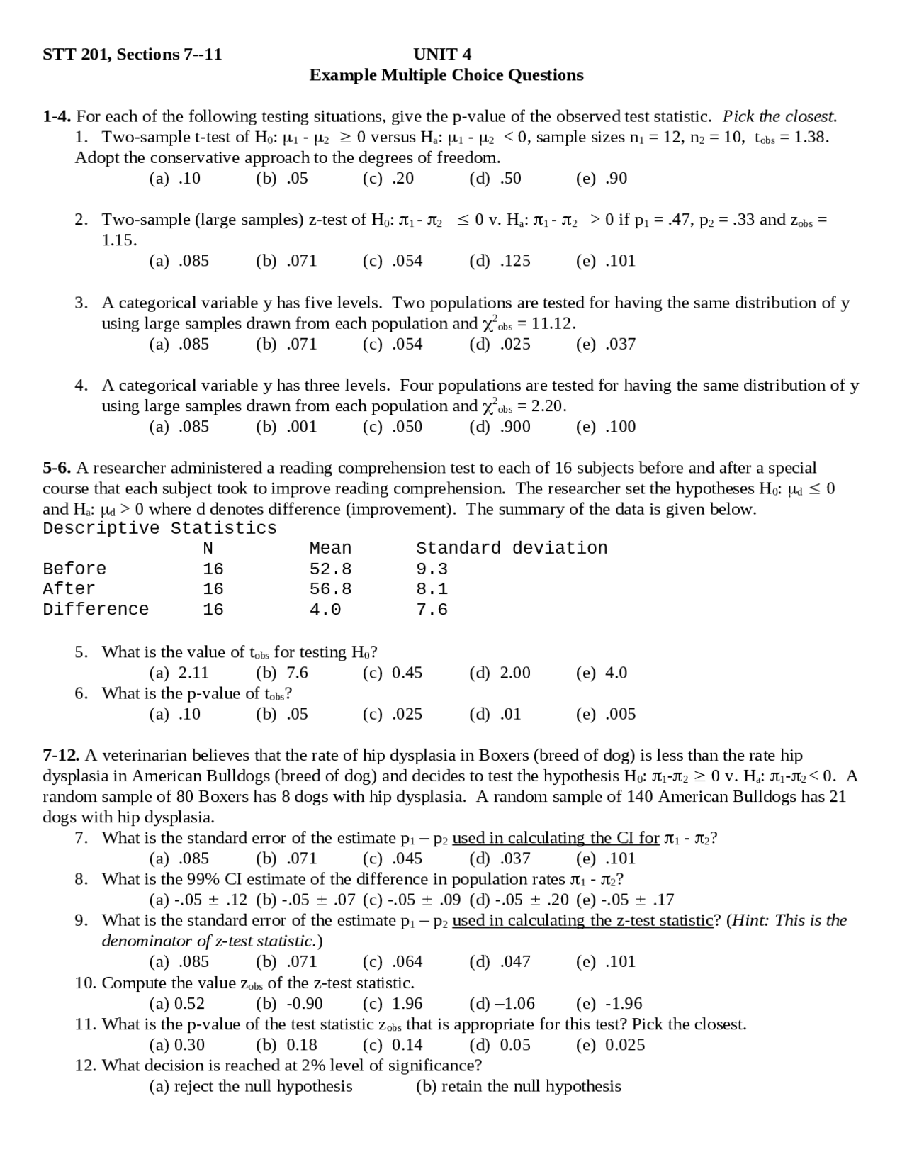 Example Multiple Choice Questions For Exam 4 Statistical Methods Stt 201 Exams Data