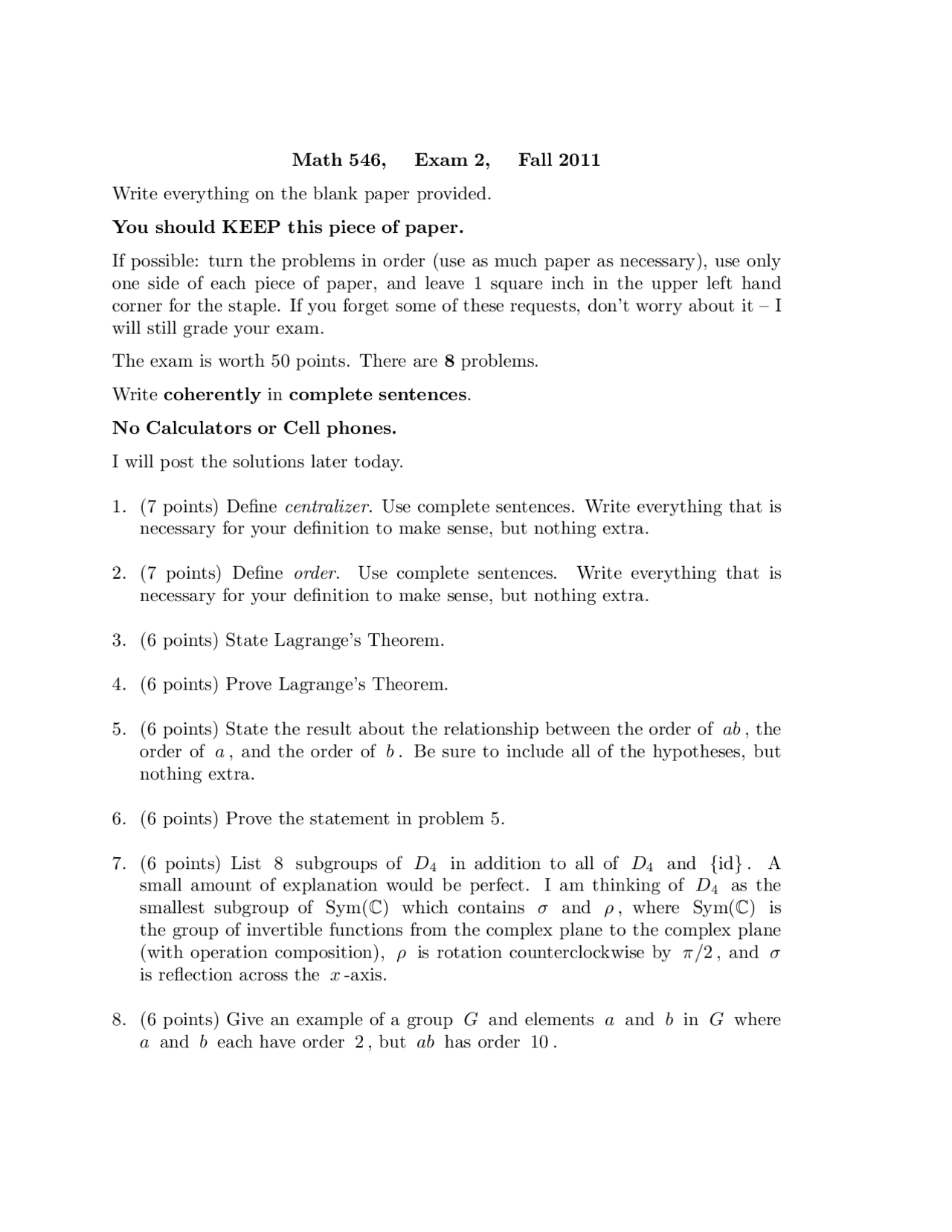 Questions On Algebraic Structures I Test Ii Math 546 Docsity