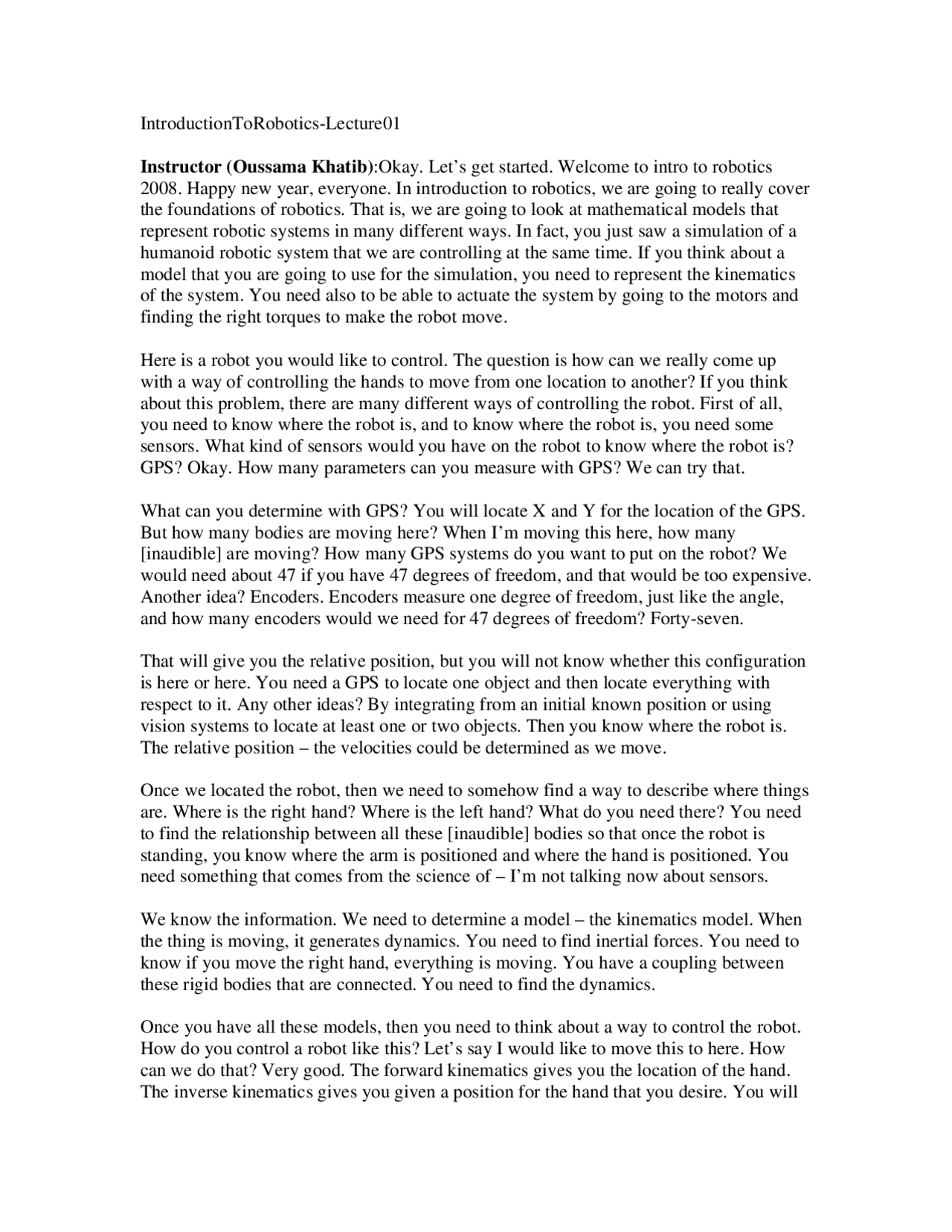 Lecture Transcriptions - Introduction to Robotics - Lesson 10 - Docsity