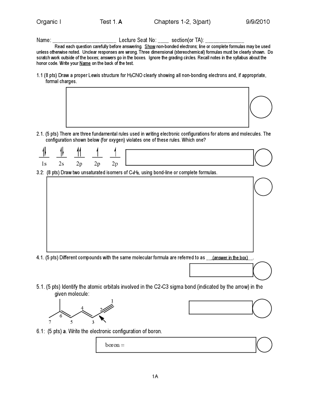 Organic Chemistry Exam: Test 1.A - Prof. Ta Bryson | Exams Chemistry ...