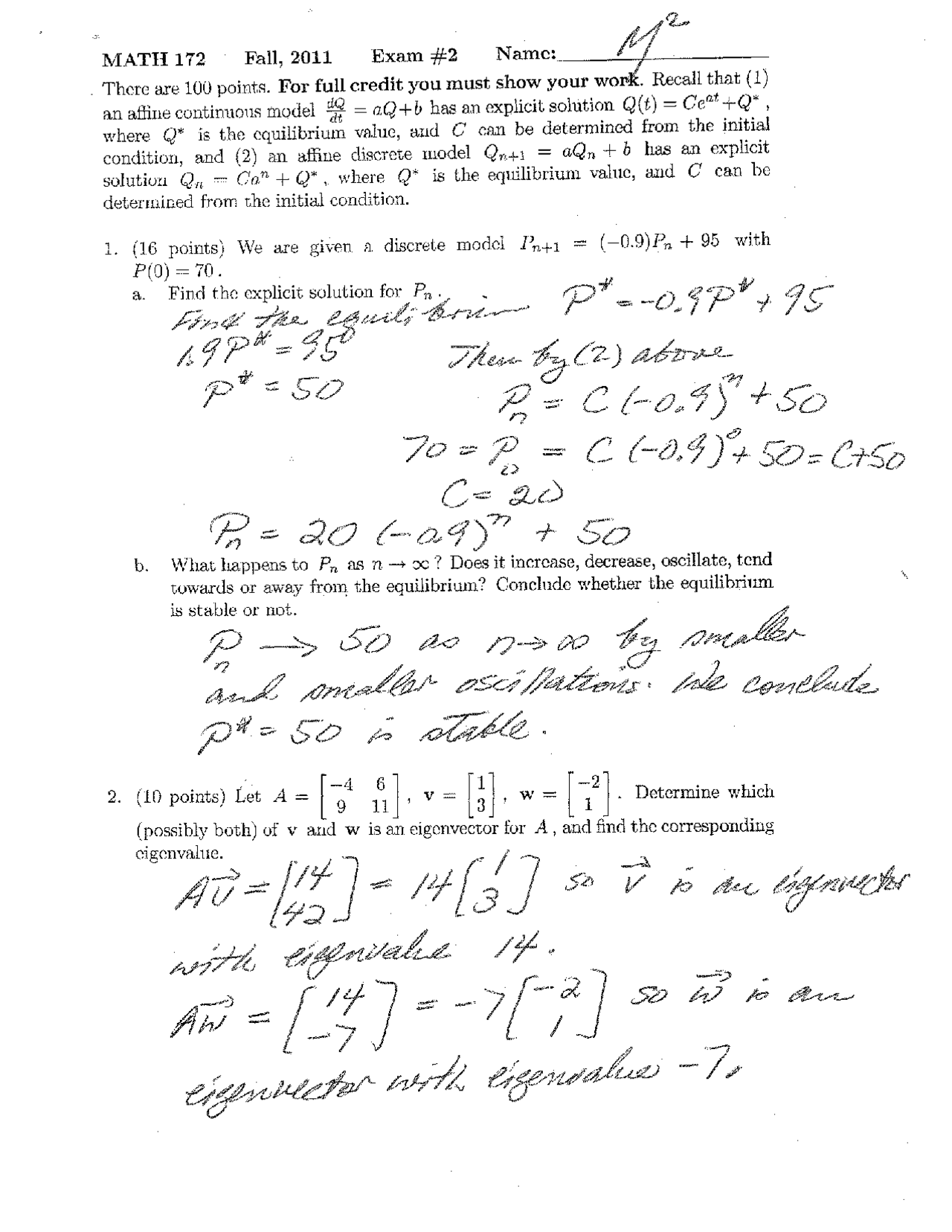 6 Questions With Answer Exam 2 Modeling Life Science Math 172 Docsity