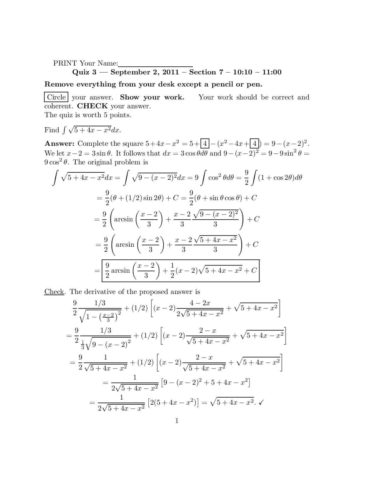 Calculus Ii Quiz 3 With Answers Math 142 Docsity