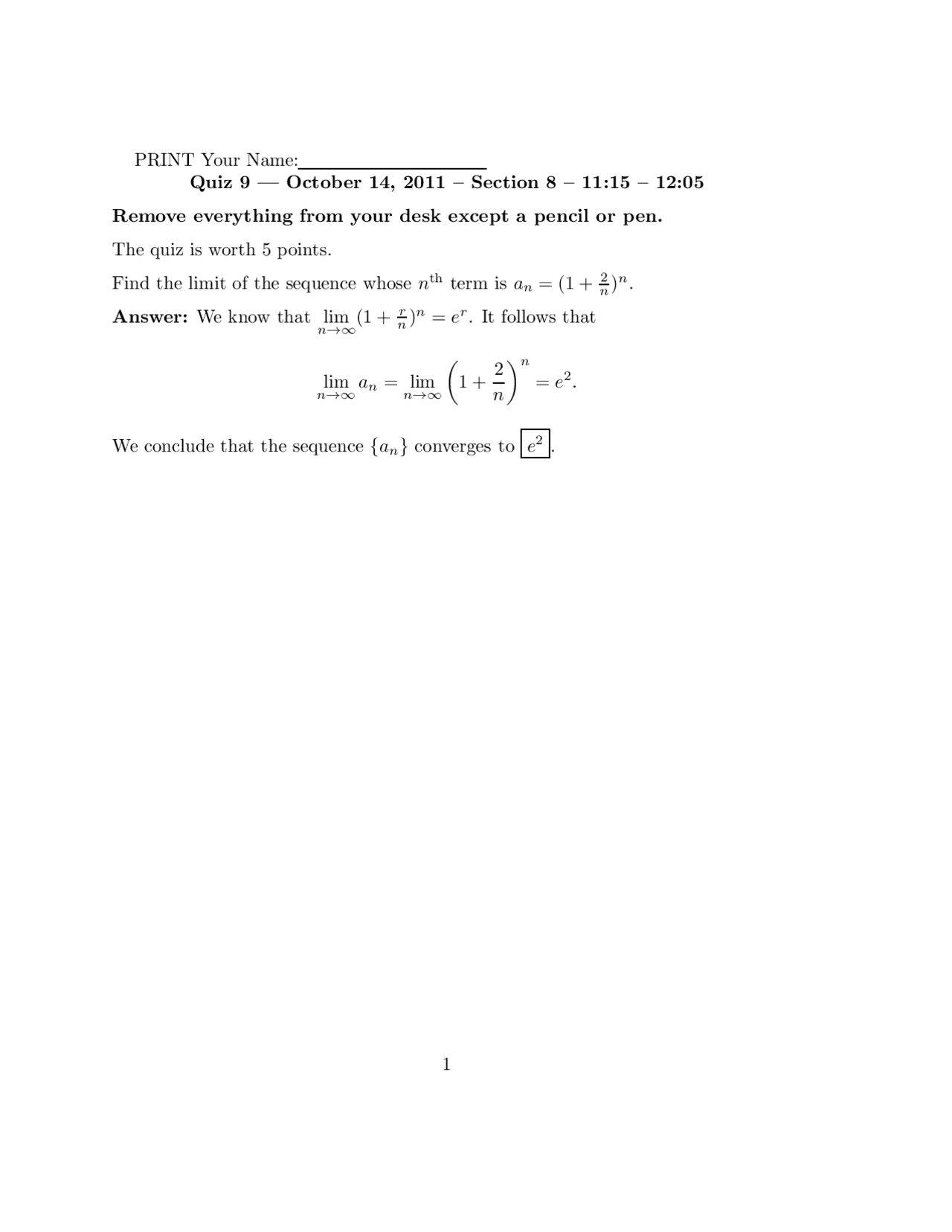 Quiz 9 With Answer Key Calculus Ii Math 142 Docsity
