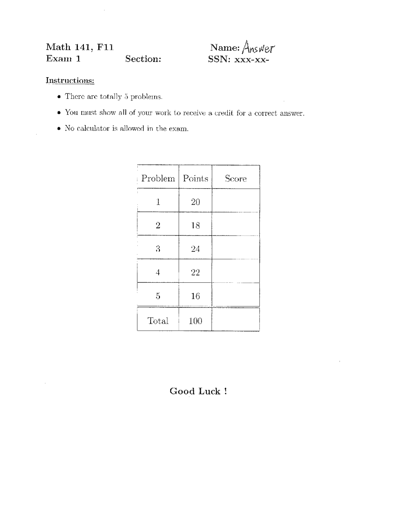 5 Solved Problems On Calculus I In Exam 1 Math 141 Docsity