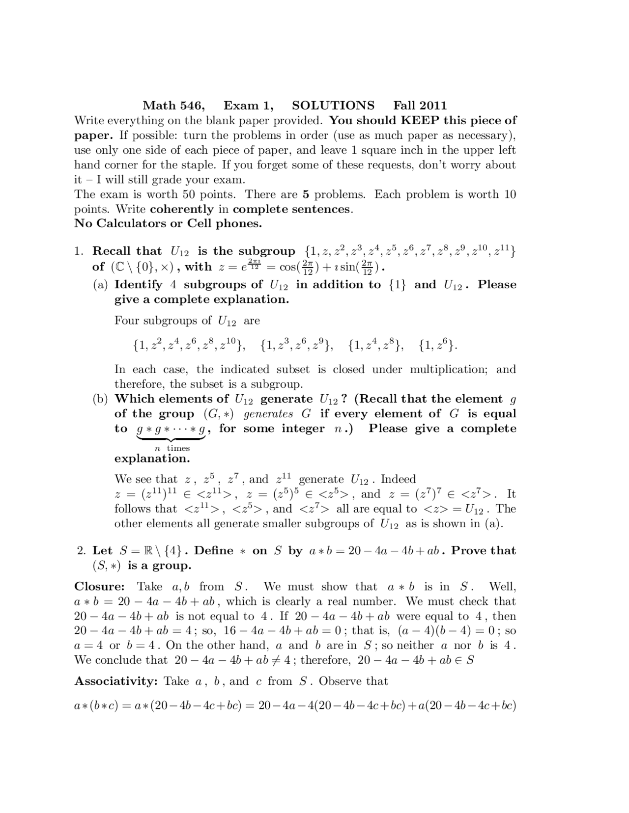 Solution To Exam 1 Algebraic Structures I Math 546 Docsity