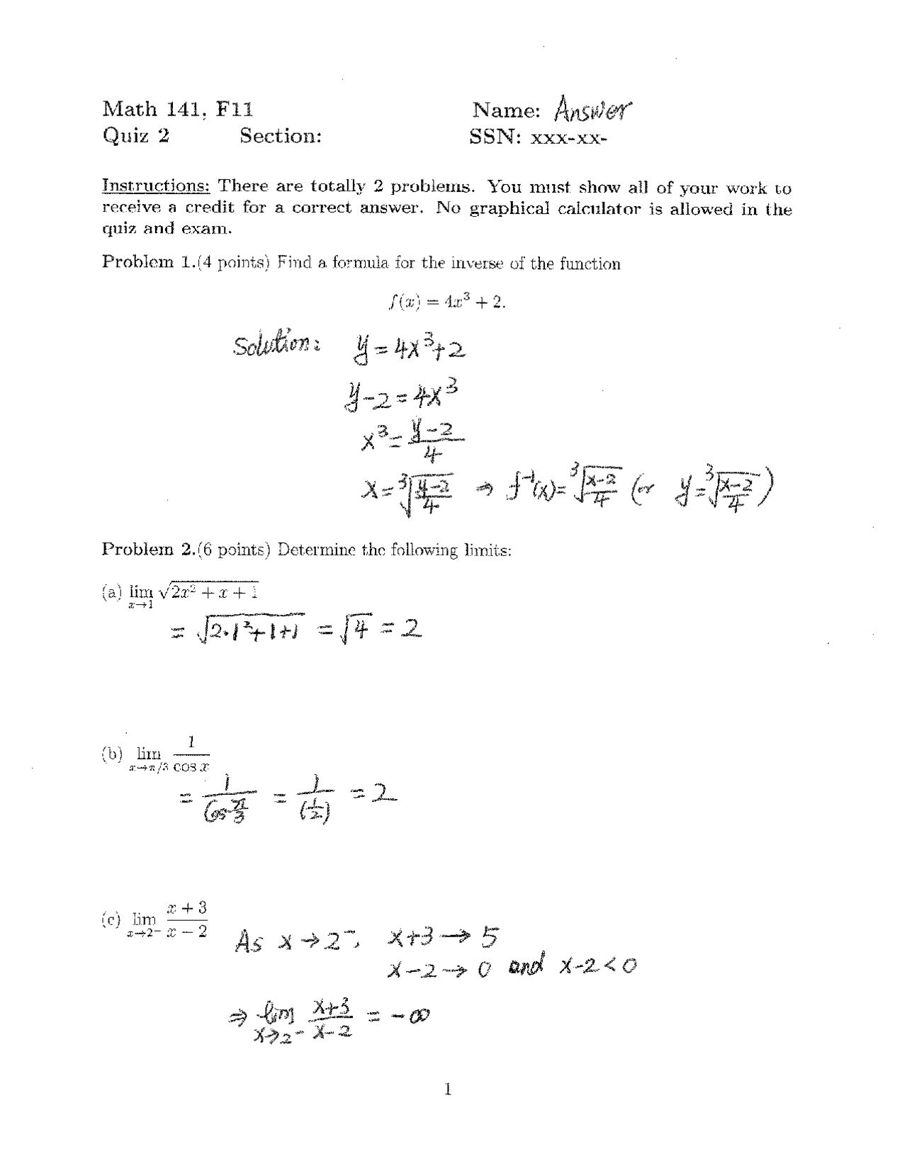 Quiz Ii With Answer Key Calculus I Math 141 Docsity