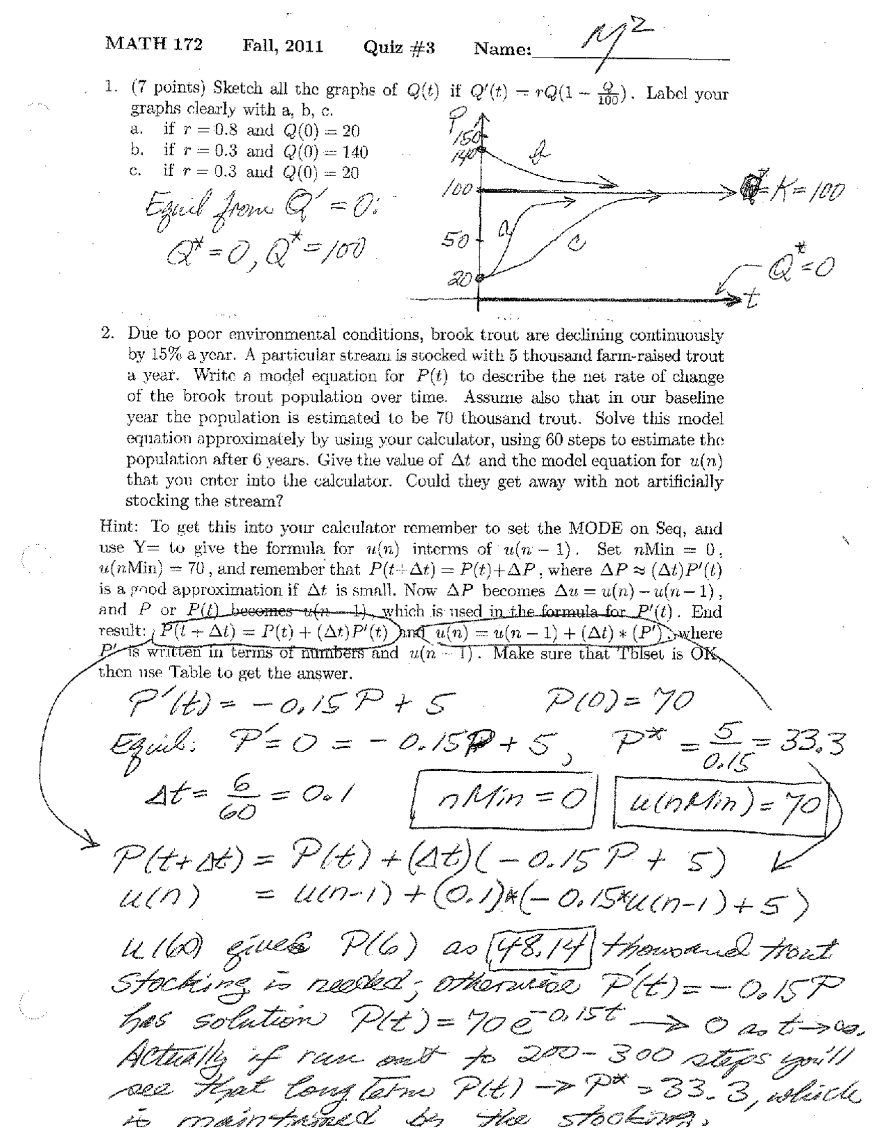 Quiz 3 With Solution For Math Modeling For Life Science Math 172