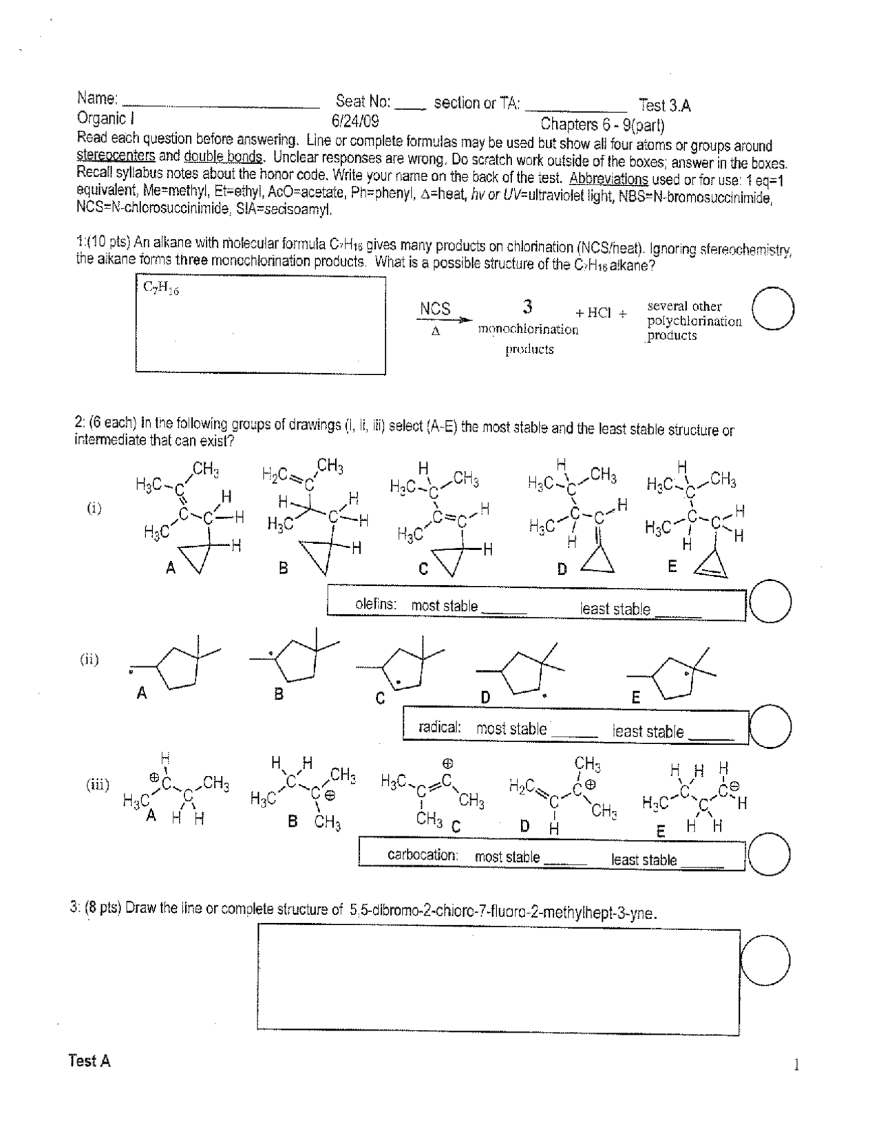 Practice Exam 3 for Organic Chemistry I | CHEM 333 - Docsity